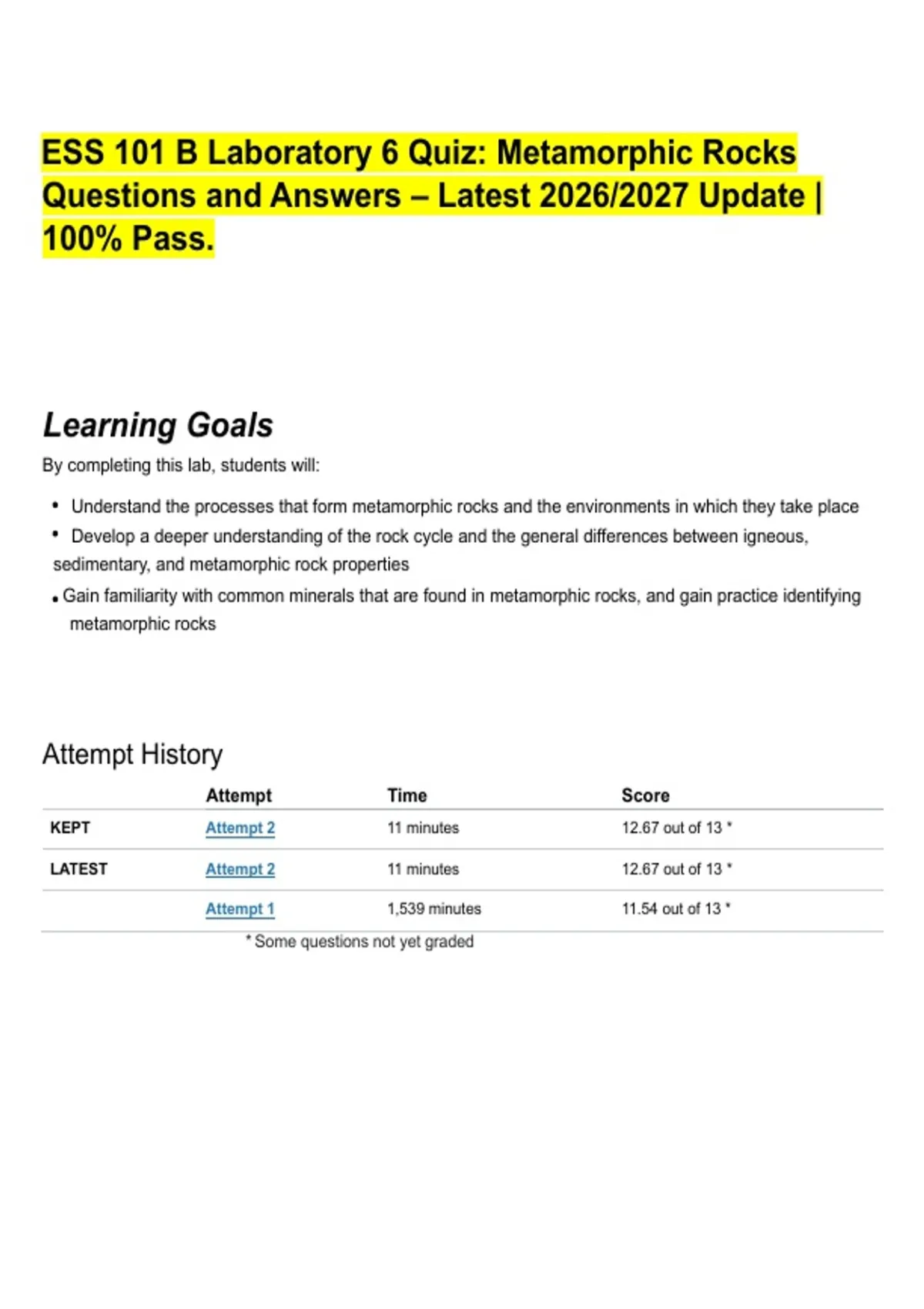 ESS 101 B Laboratory 6 Quiz: Metamorphic Rocks Questions and Answers ...