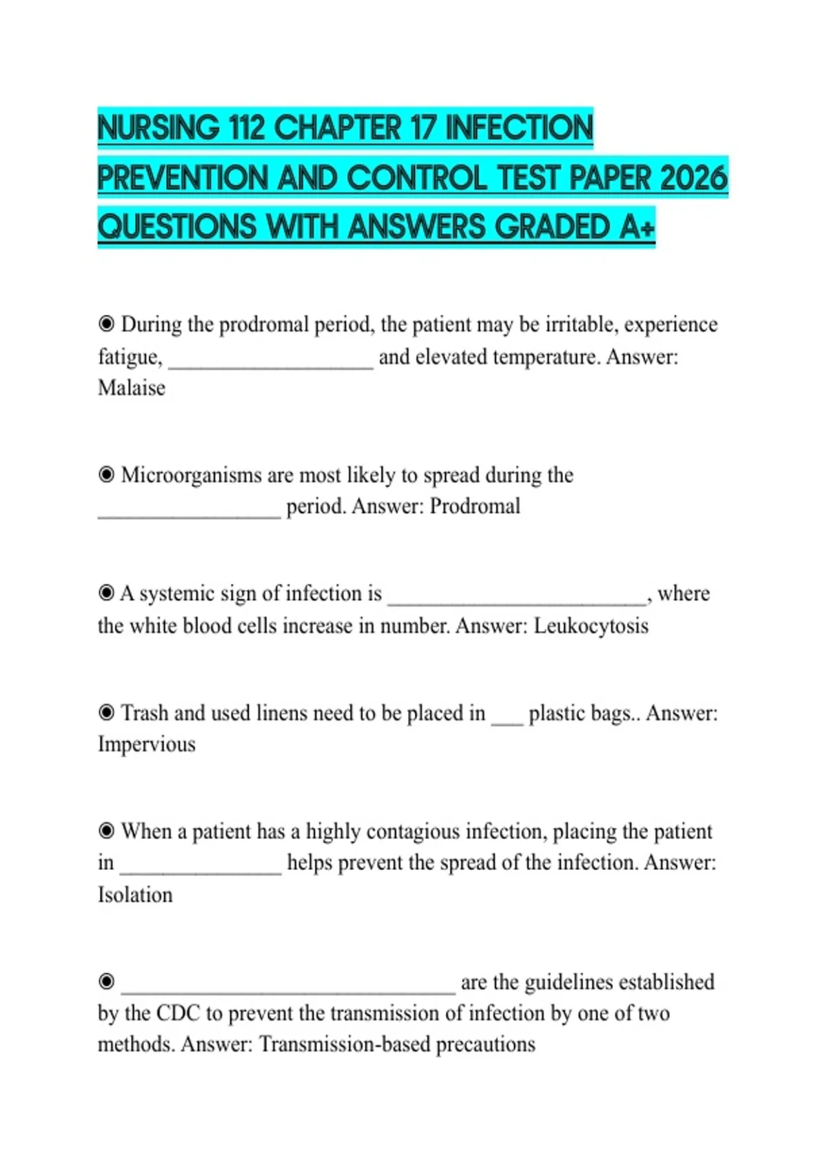 NURSING 112 CHAPTER 17 INFECTION PREVENTION AND CONTROL TEST PAPER 2026 ...