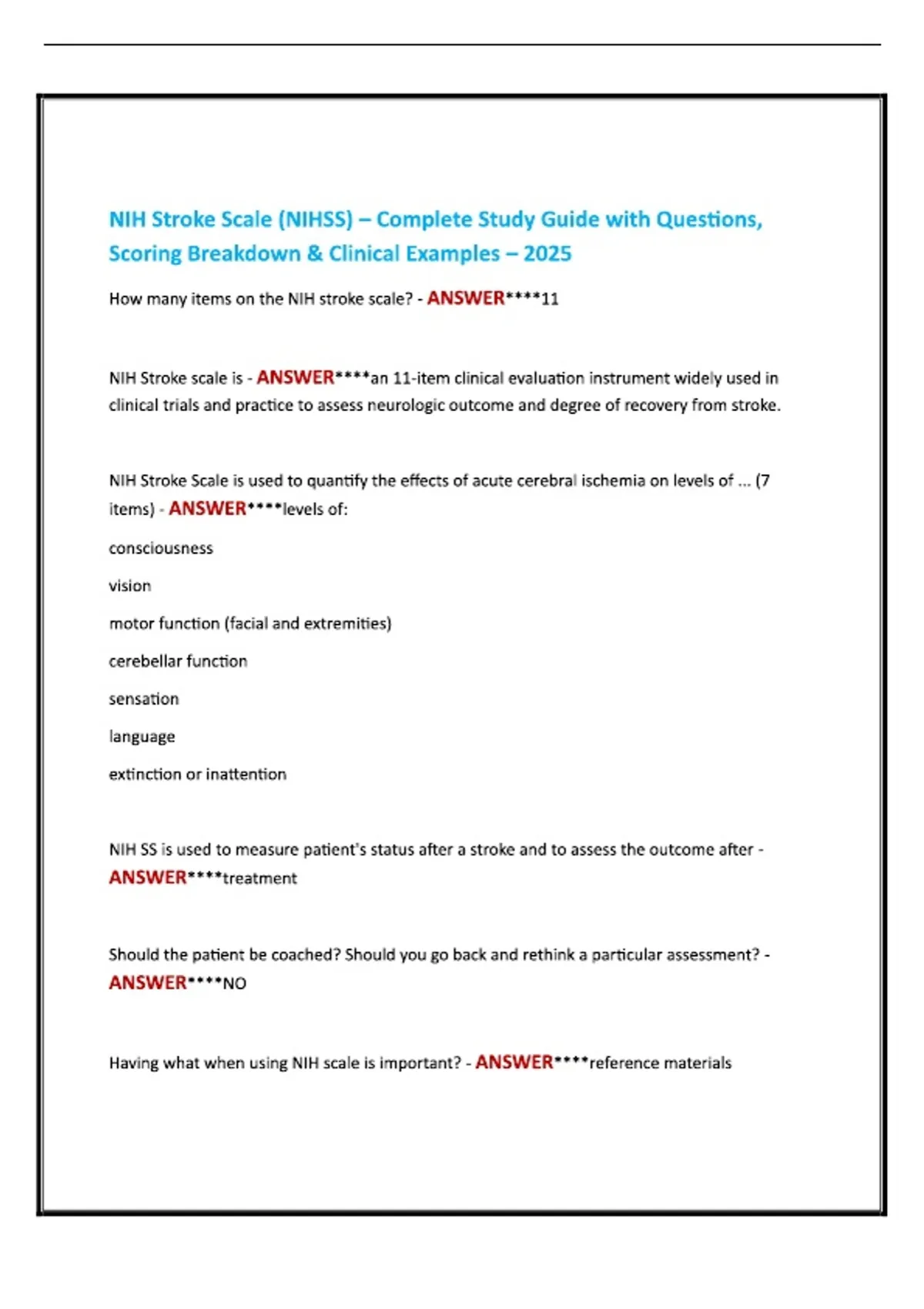 NIH Stroke Scale (NIHSS) – Complete Study Guide with Questions, Scoring ...