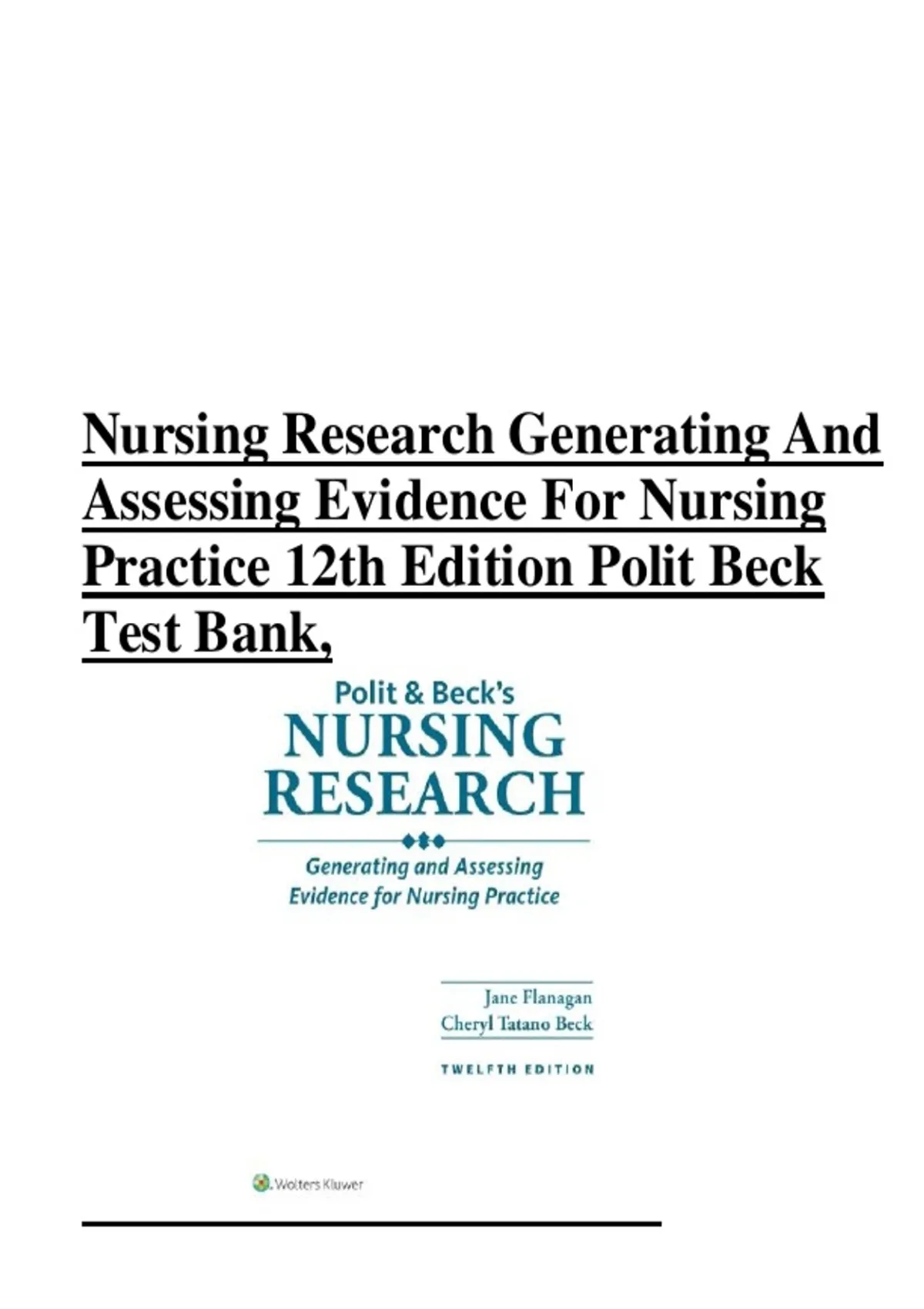 Test Bank- Polit & Beck's Nursing Research Generating and Assessing ...