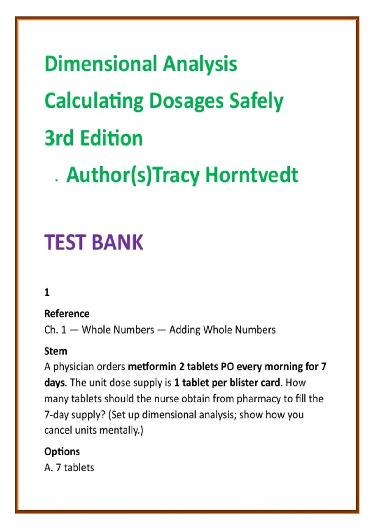 Dosage Calculation Test Bank 2026 | Dimensional Analysis Horntvedt 3rd ...