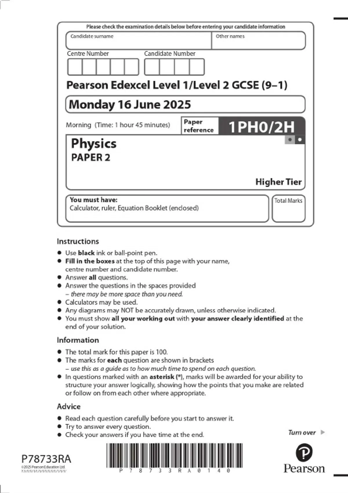 GCSE EDEXCEL 2025 Higher Triple Science Physics Paper 2 Including Mark ...