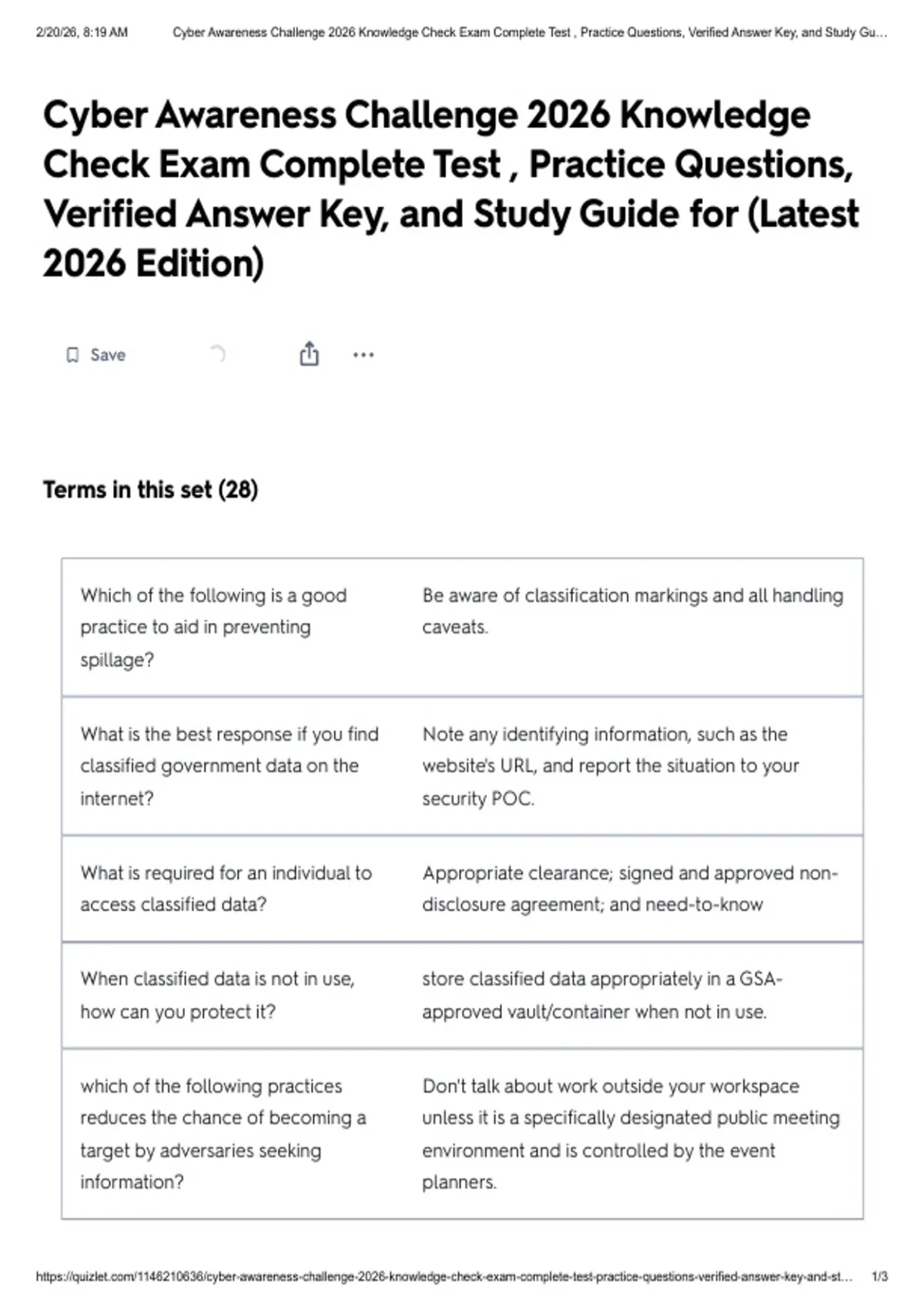 Cyber Awareness Challenge 2026 Knowledge Check Exam Complete Test ...