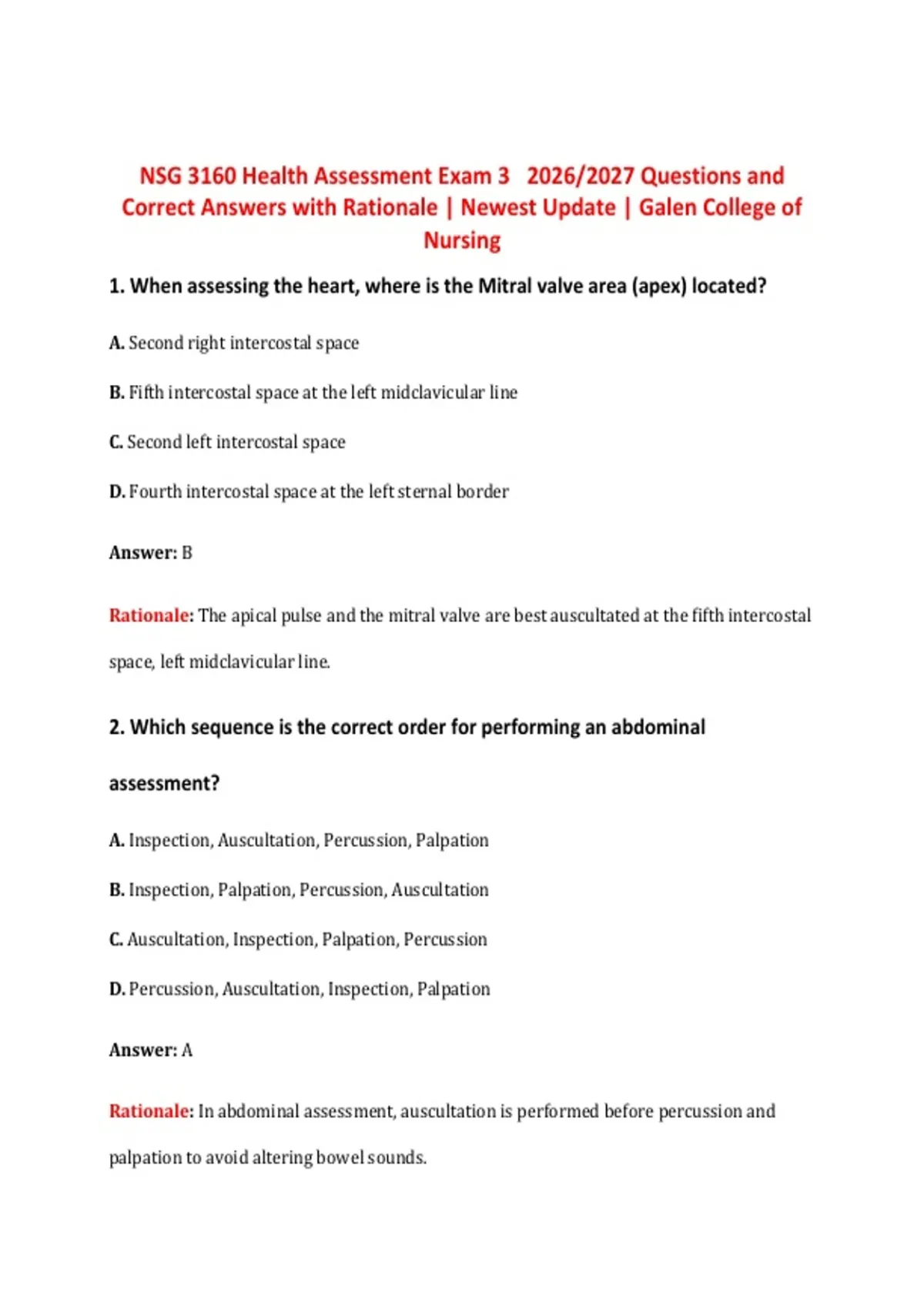 NSG 3160 Health Assessment Exam 3 2026/2027 Questions and Correct ...