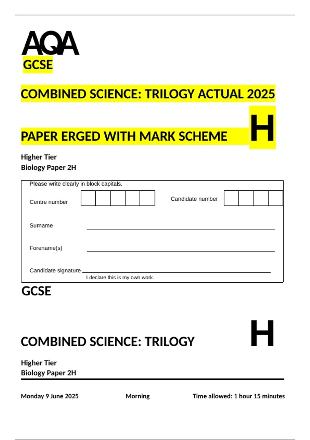 AQA GCSE Combined Science: Trilogy Biology Paper 2 Higher (2025 ...