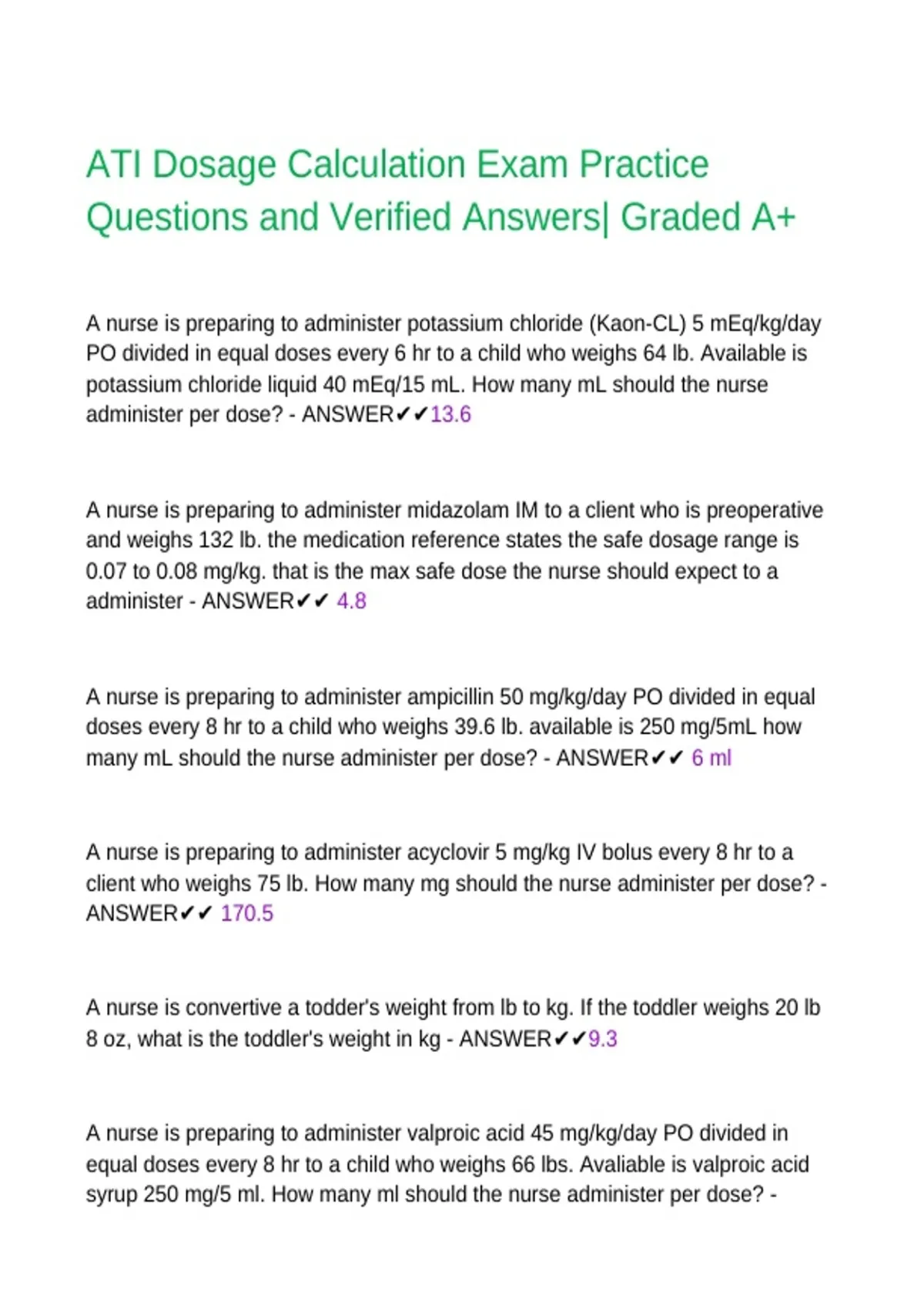 ATI Dosage Calculation Exam practice Question and Detailed Answers ...