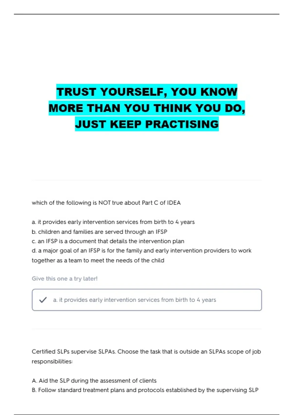 SLP PRAXIS ADVANCED REVIEW LAW_ETHICS MINI QUESTIONS WITH CORRECT ...