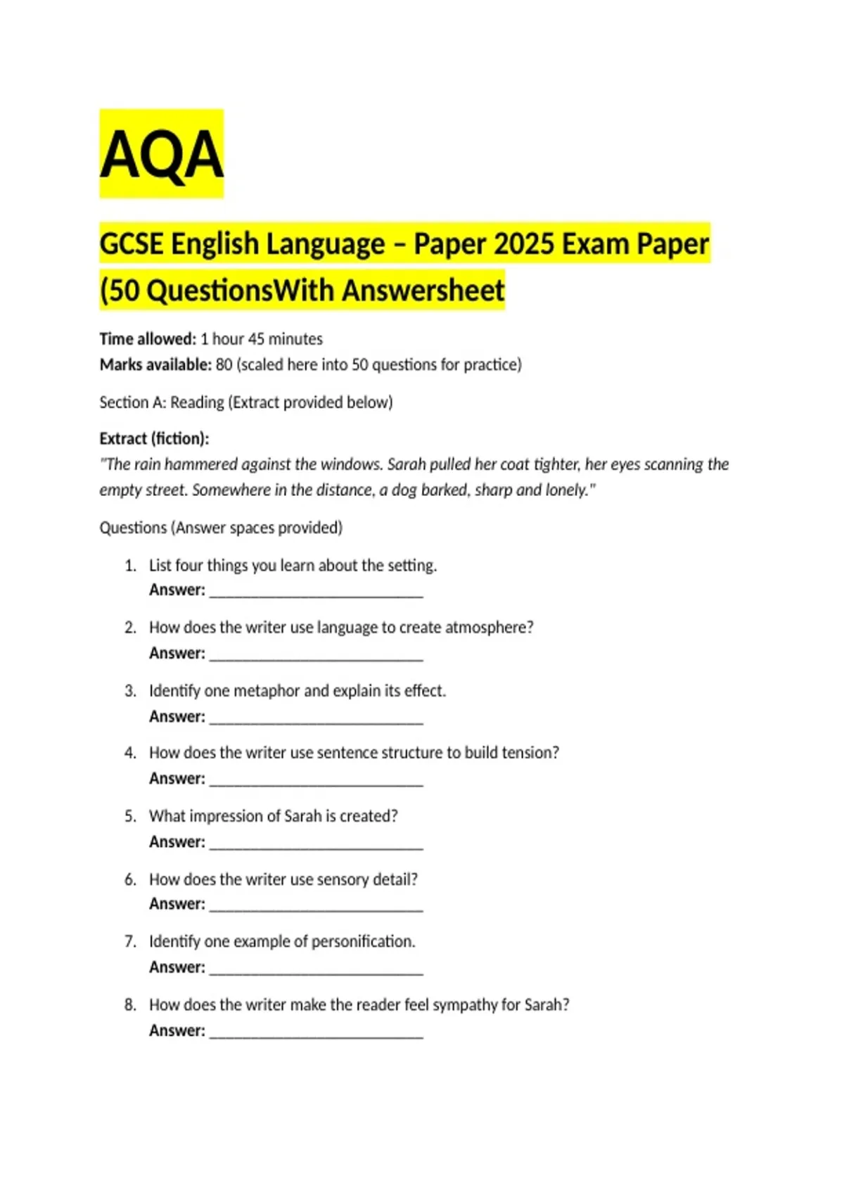 AQA GCSE English Language Past Paper Pack – 2025 Exam Practice (Paper 1 ...