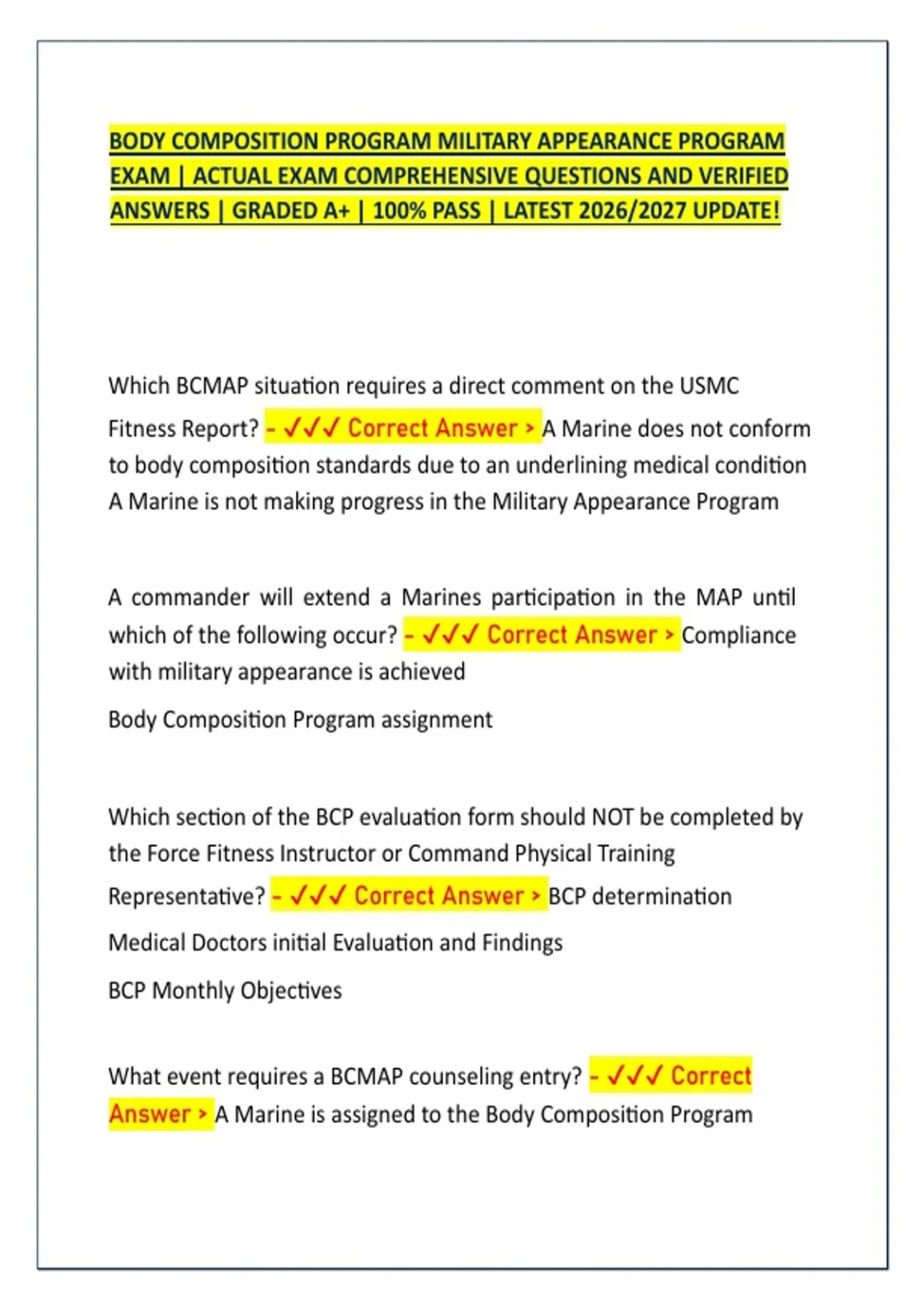 BODY COMPOSITION PROGRAM MILITARY APPEARANCE PROGRAM EXAM | ACTUAL EXAM ...