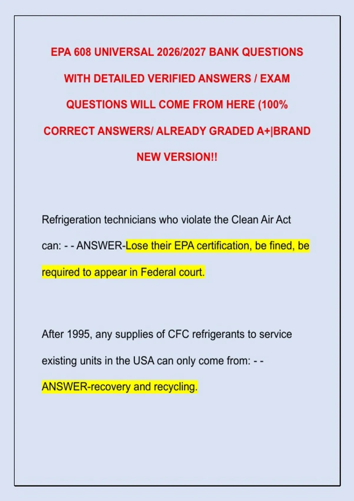 EPA 608 UNIVERSAL 2026/2027 BANK QUESTIONS WITH DETAILED VERIFIED ...