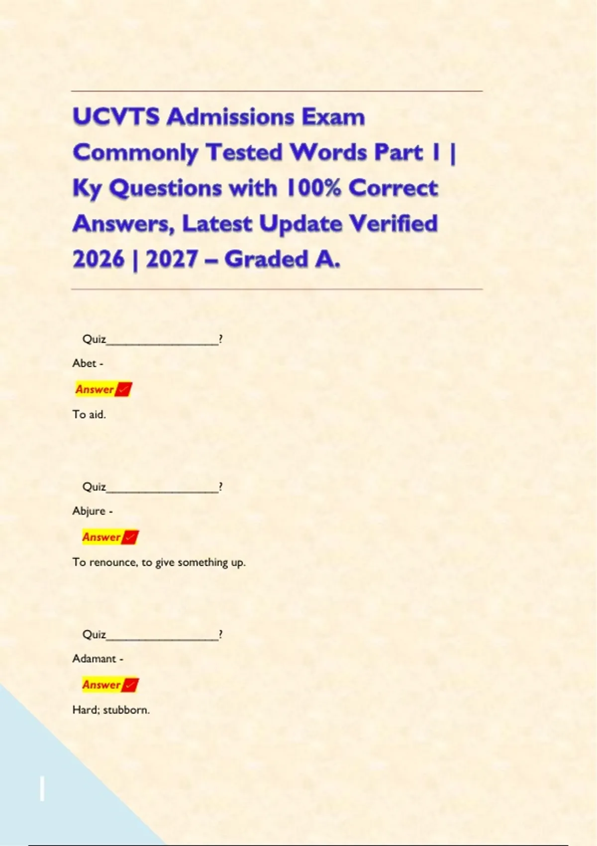 UCVTS Admissions Exam Commonly Tested Words Part 1 | Ky Questions with ...