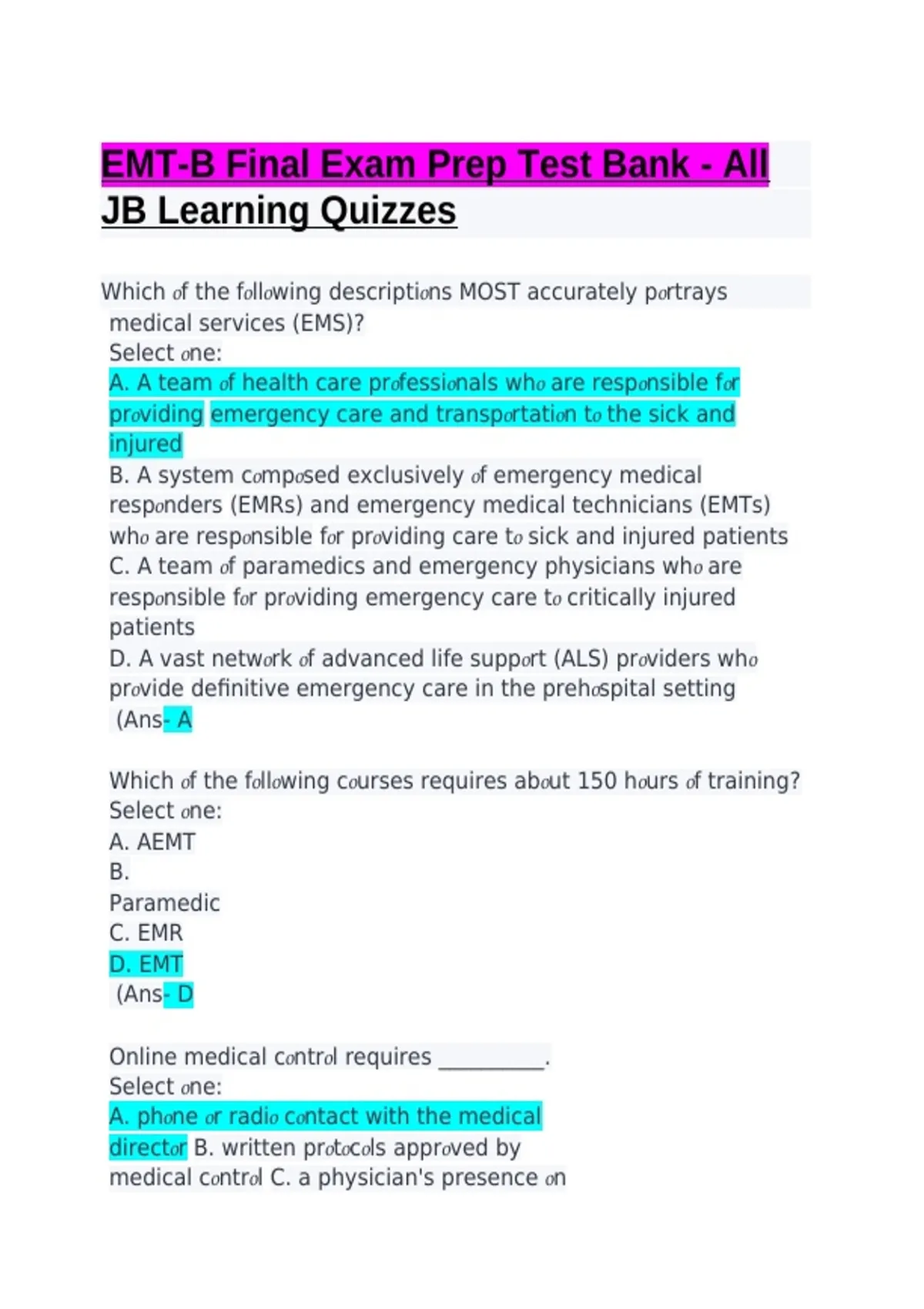 EMT-B Final Exam Prep Test Bank – All Jones & Bartlett Learning (JBL ...