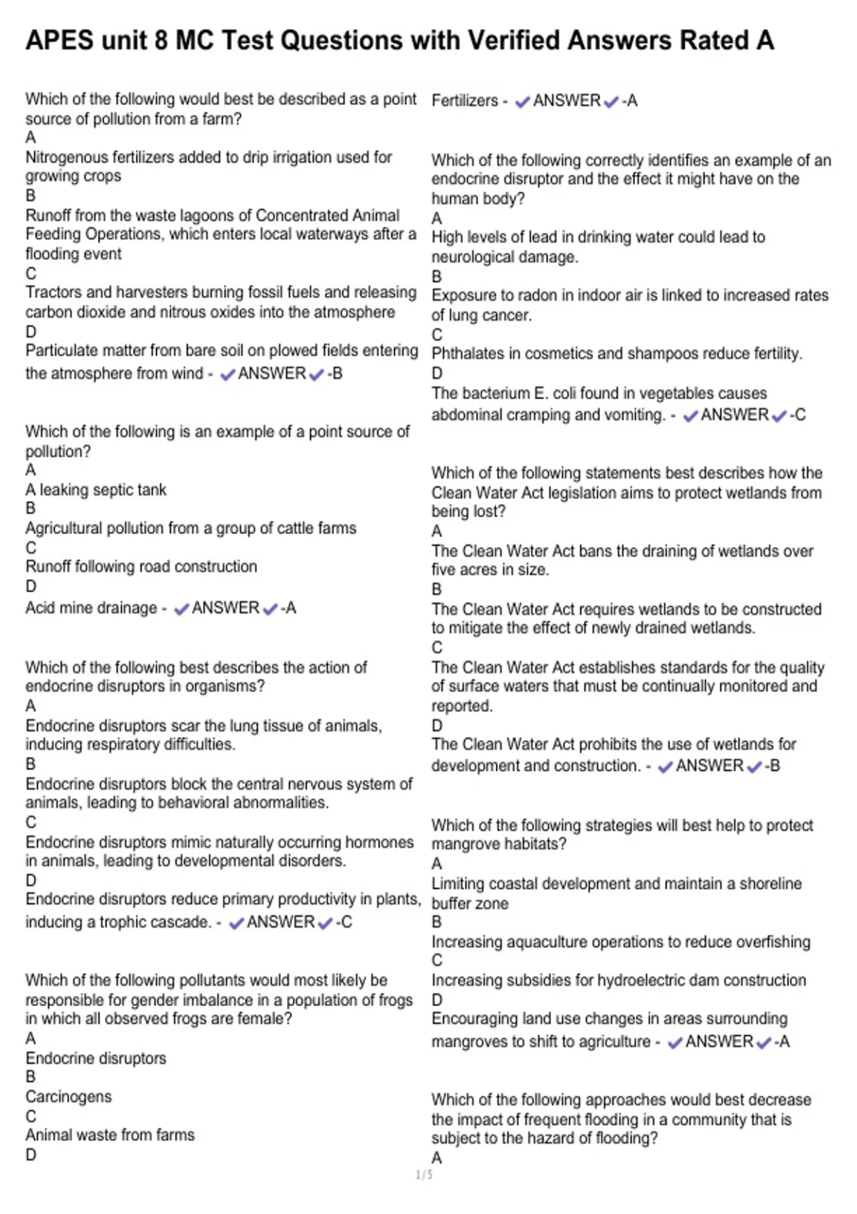 APES unit 8 MC Test Questions with Verified Answers Rated A - APES unit ...