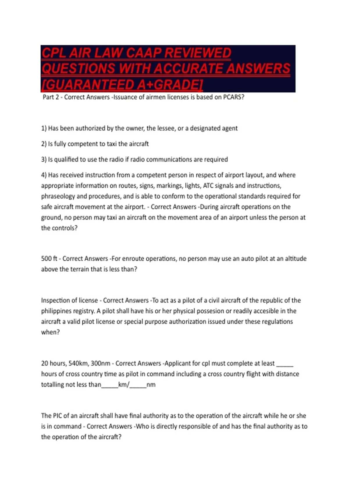 CPL AIR LAW CAAP REVIEWED QUESTIONS WITH ACCURATE ANSWERS [GUARANTEED A ...