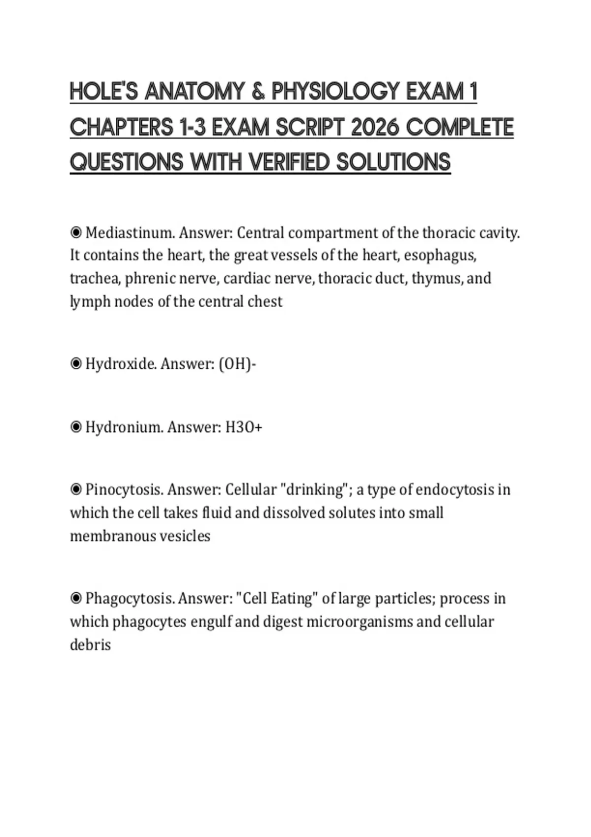 HOLE'S ANATOMY & PHYSIOLOGY EXAM 1 CHAPTERS 1-3 EXAM SCRIPT 2026 ...