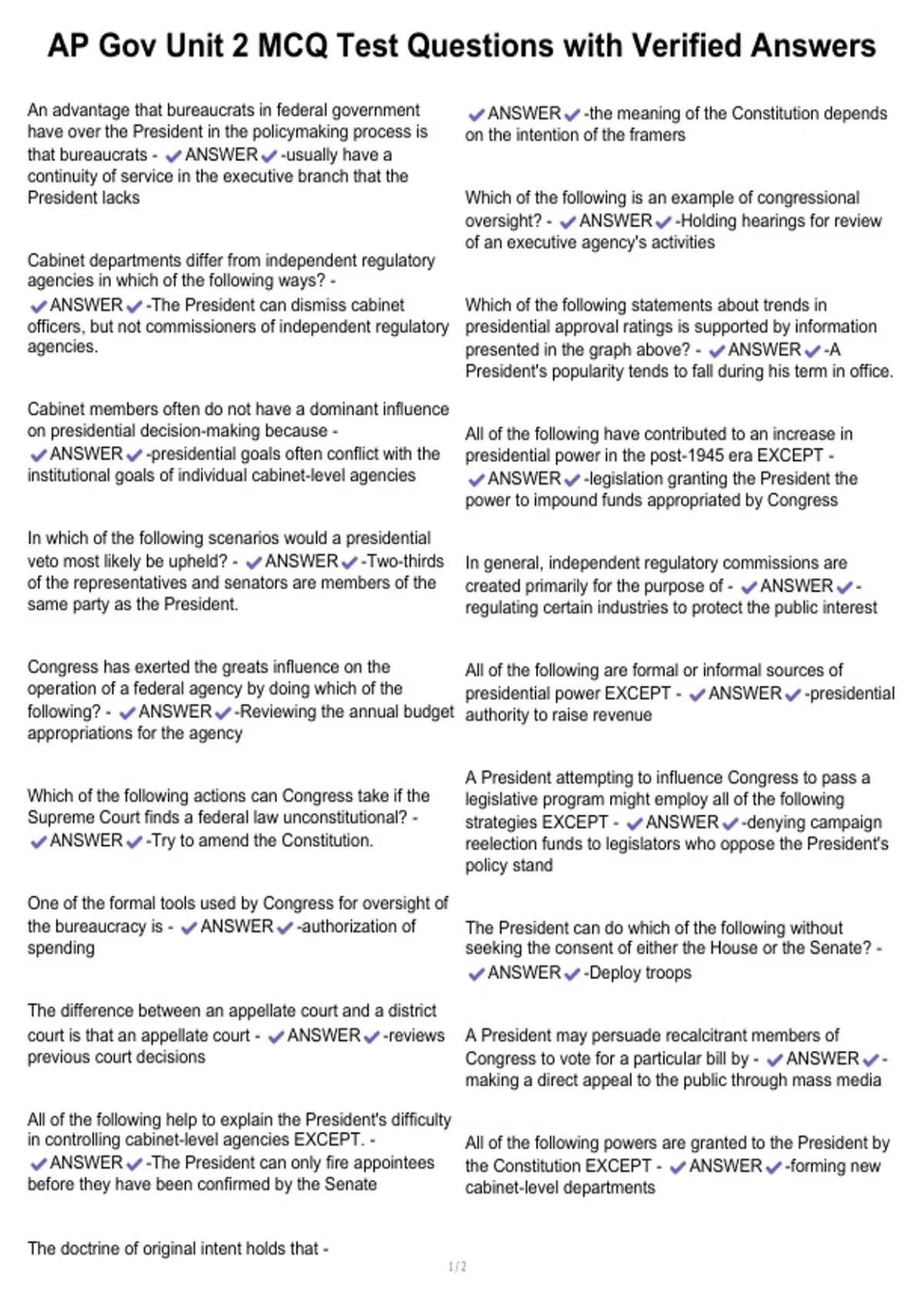 AP Gov Unit 2 MCQ Test Questions with Verified Answers - AP Gov Unit 2 ...