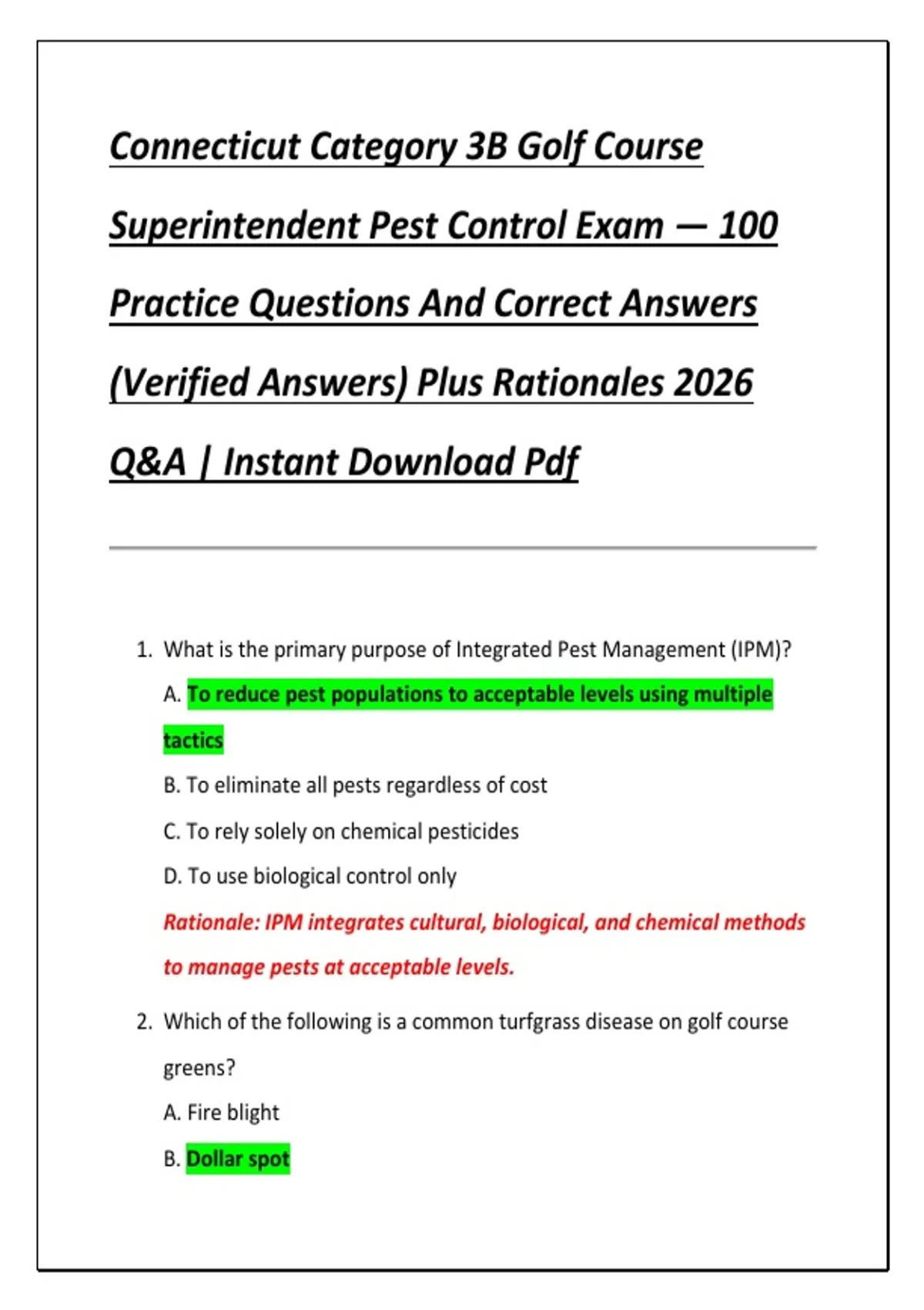 Connecticut Category 3B Golf Course Superintendent Pest Control Exam ...