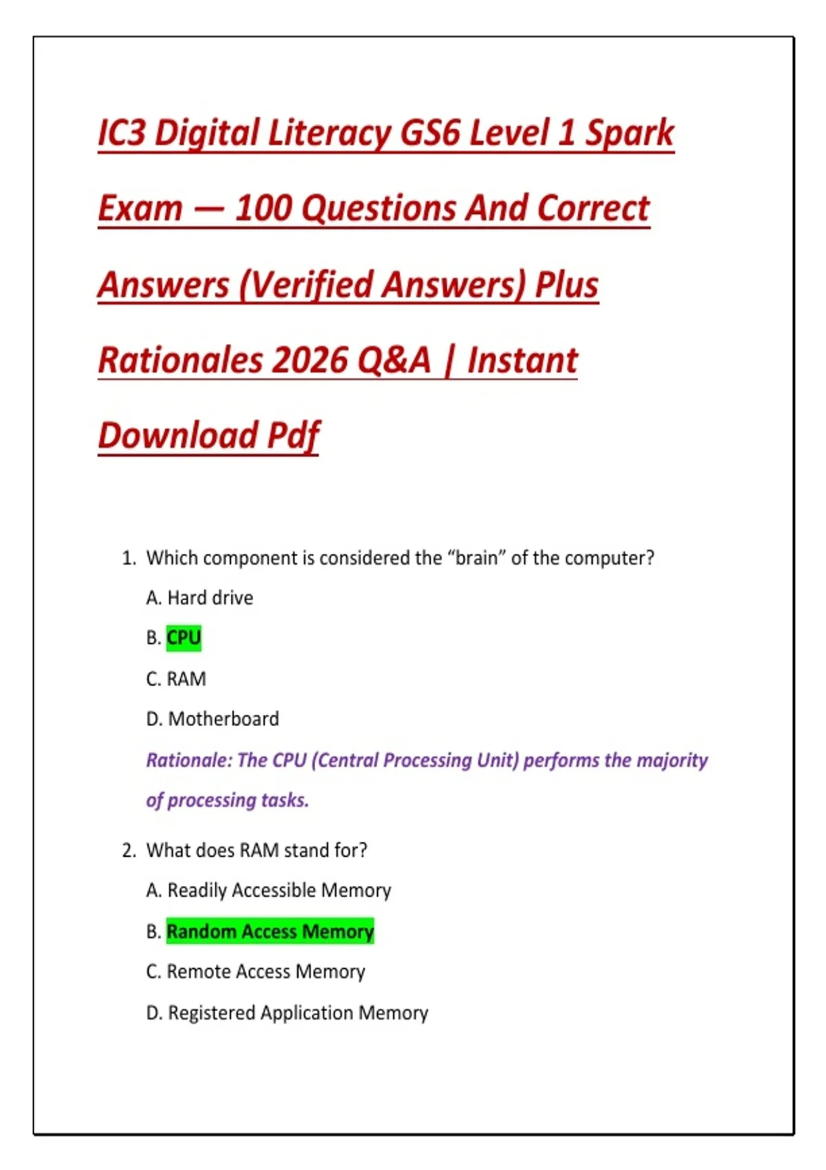 IC3 Digital Literacy GS6 Level 1 Spark Exam — 100 Questions And Correct ...