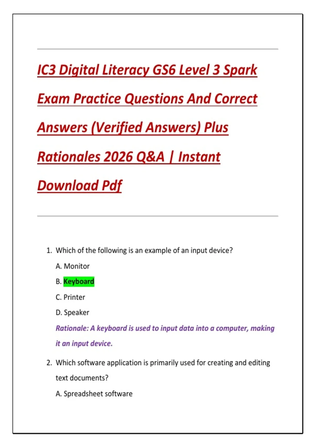 IC3 Digital Literacy GS6 Level 3 Spark Exam Practice Questions And ...