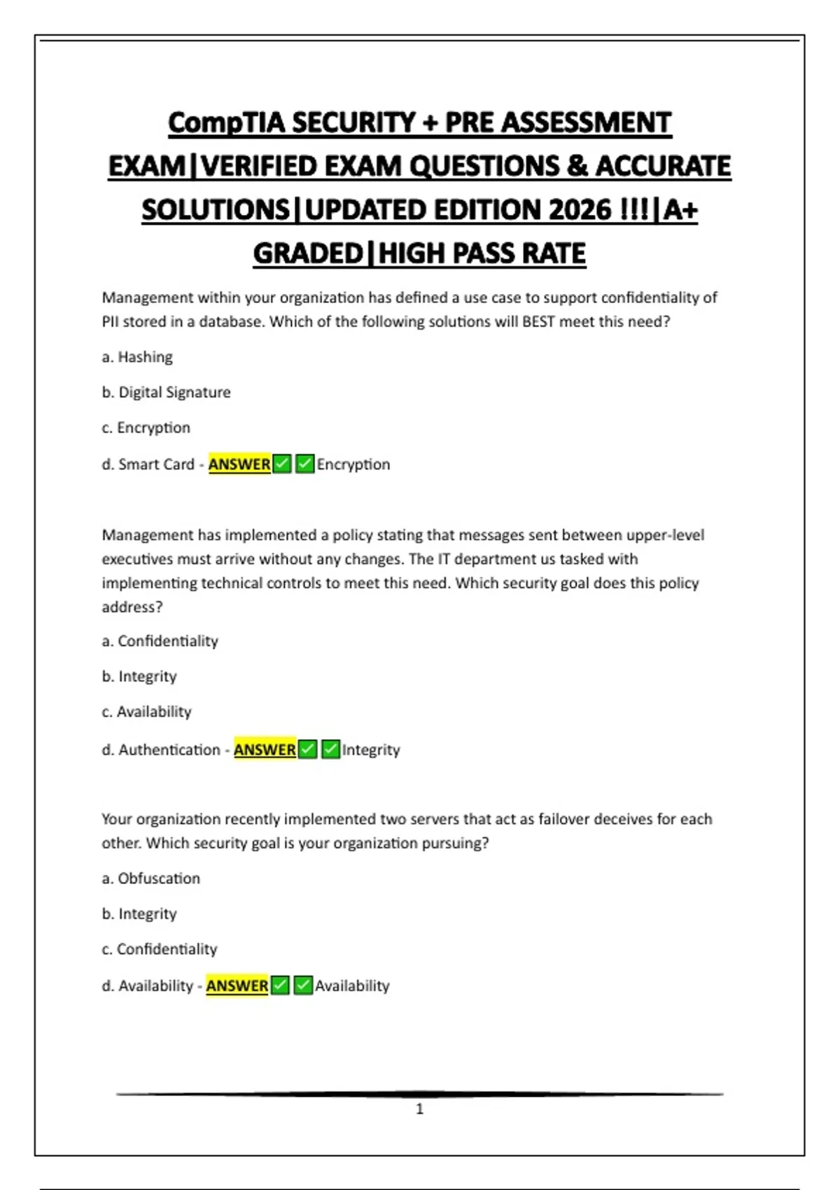 CompTIA SECURITY + 701|VERIFIED EXAM QUESTIONS & ACCURATE SOLUTIONS ...