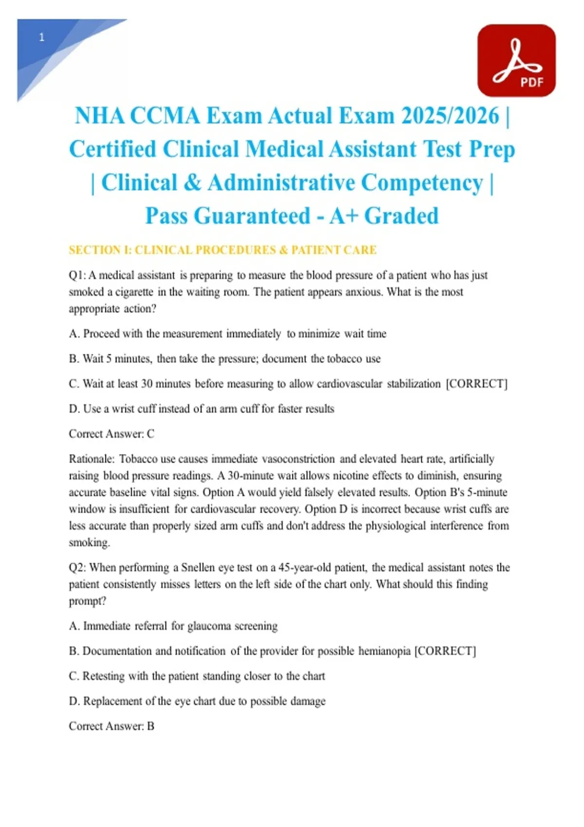 NHA CCMA Exam Actual Exam 2025/2026 | Certified Clinical Medical ...