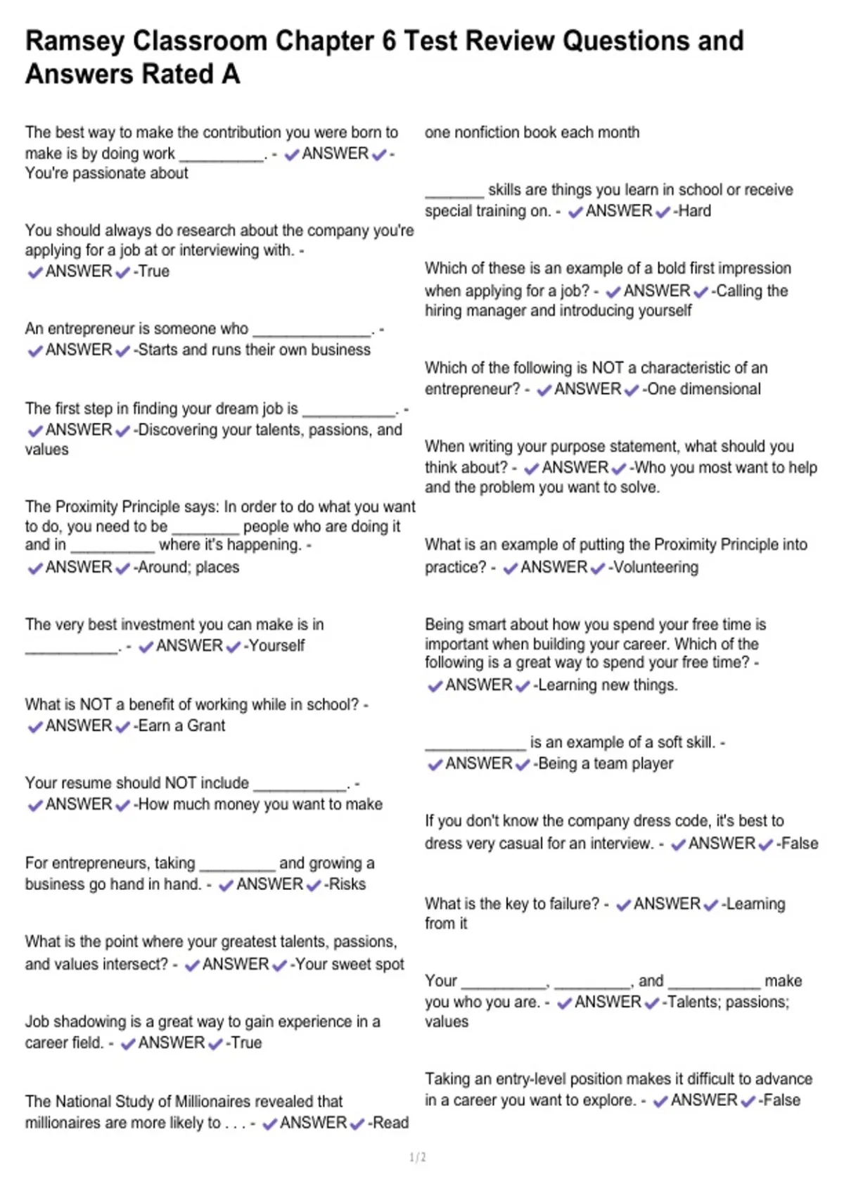 Ramsey Classroom Chapter 6 Test Review Questions and Answers Rated A ...