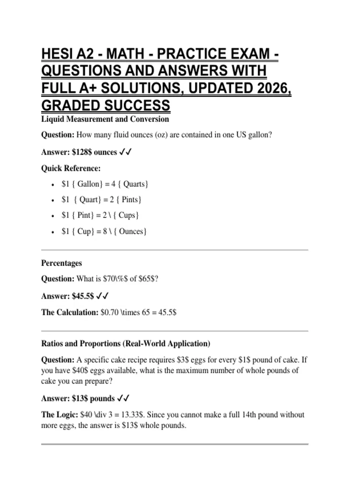 HESI A2 - MATH - PRACTICE EXAM - QUESTIONS AND ANSWERS WITH FULL A+ ...