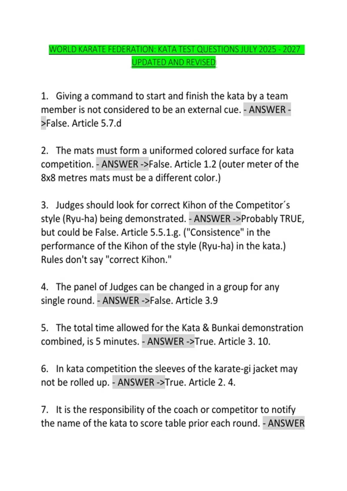 WORLD KARATE FEDERATION: KATA TEST QUESTIONS JULY UPDATED AND REVISED ...