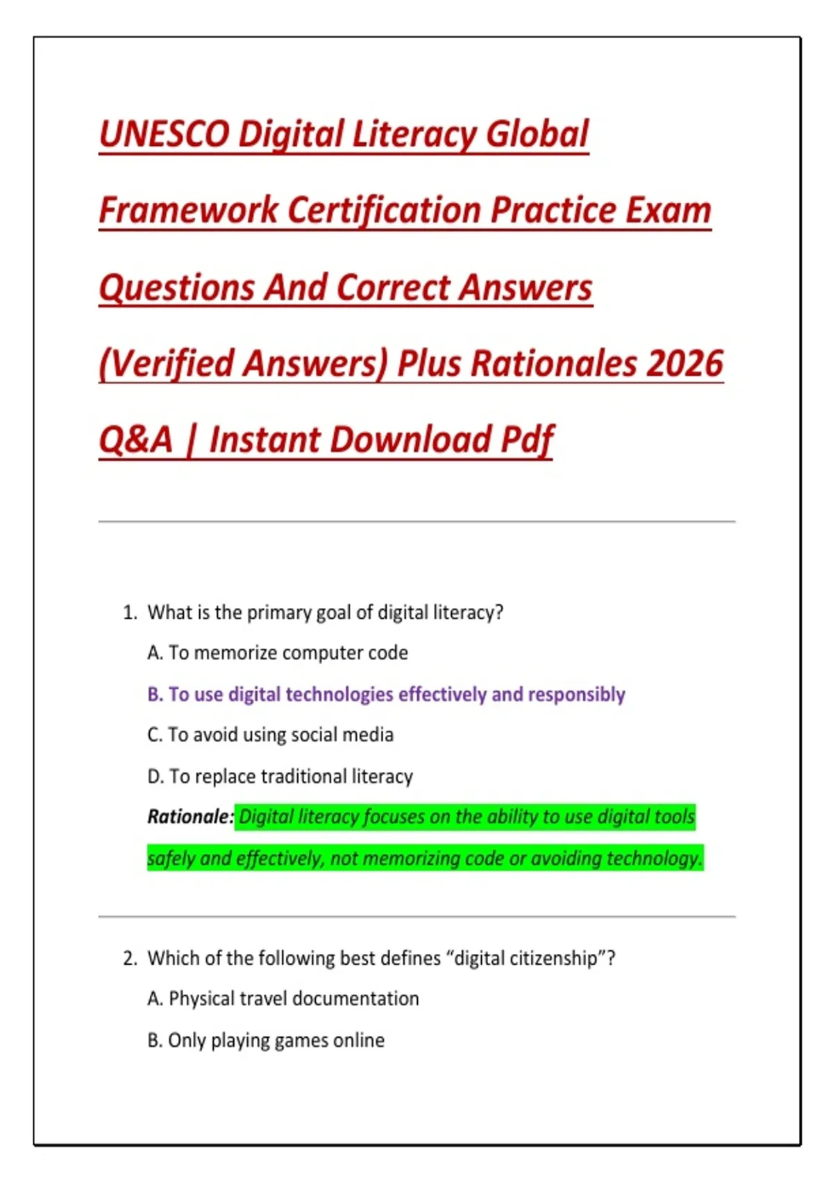 UNESCO Digital Literacy Global Framework Certification Practice Exam ...