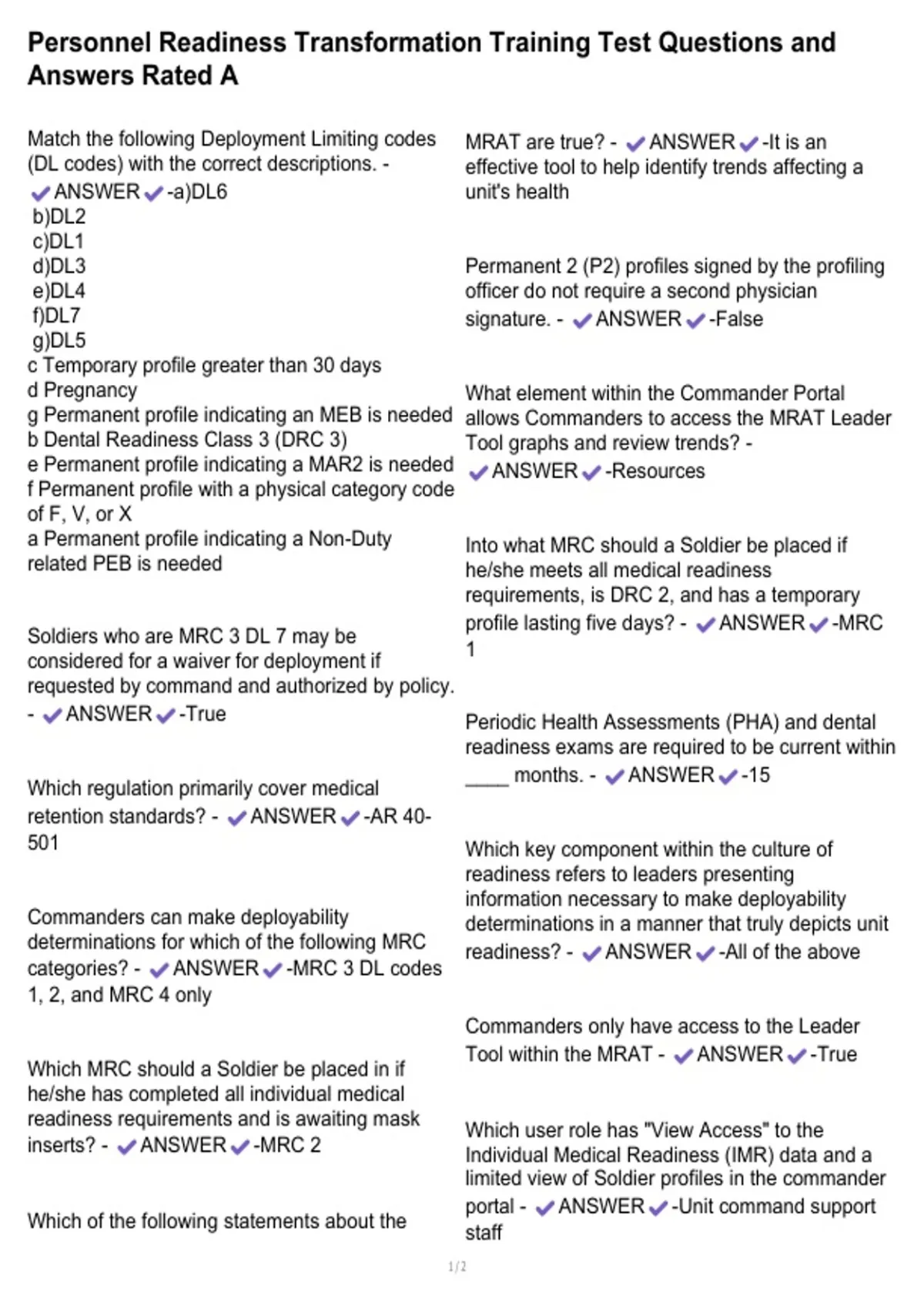 Personnel Readiness Transformation Training Test Questions and Answers ...