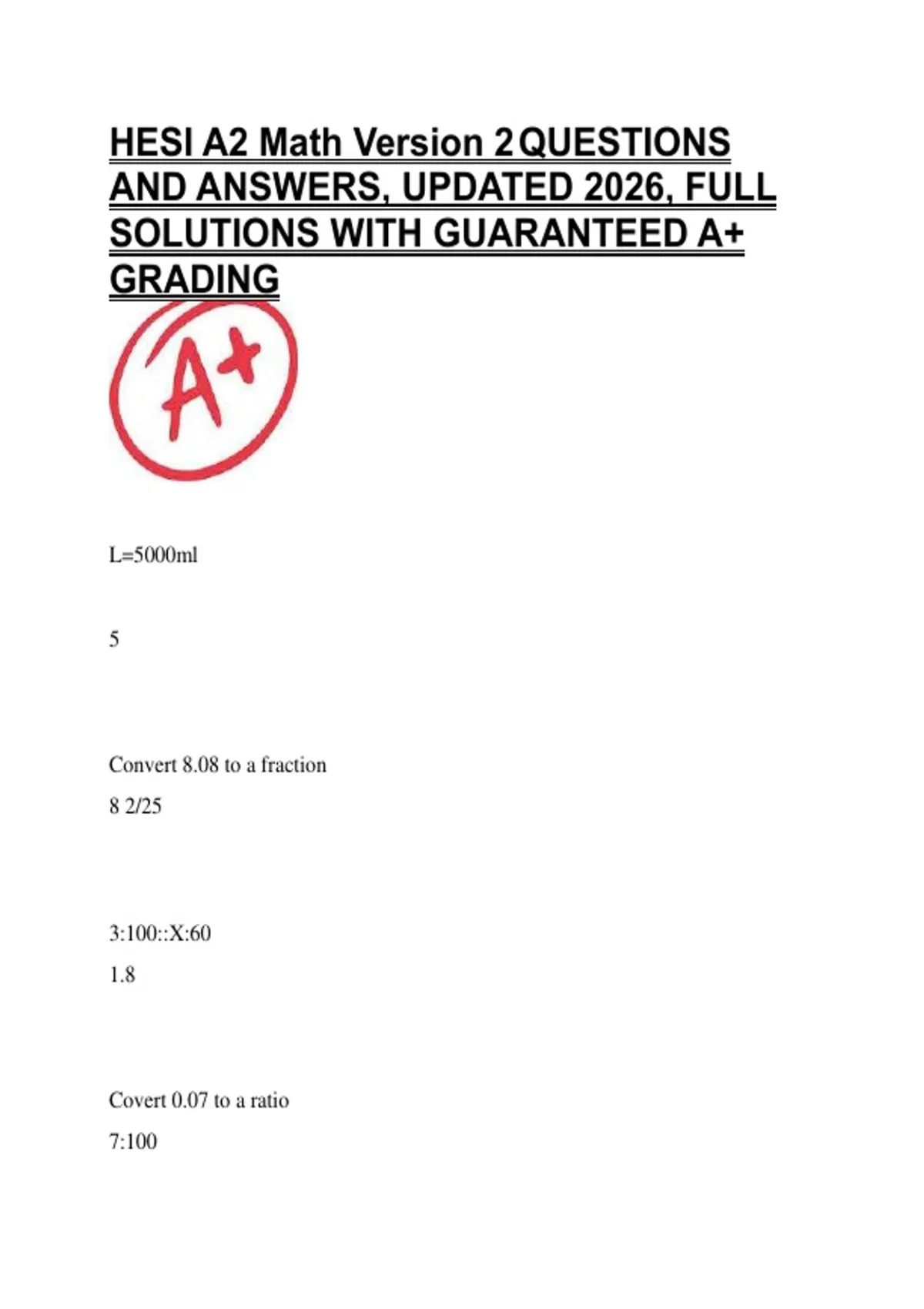 HESI A2 Math Version 2 QUESTIONS AND ANSWERS, UPDATED 2026, FULL ...