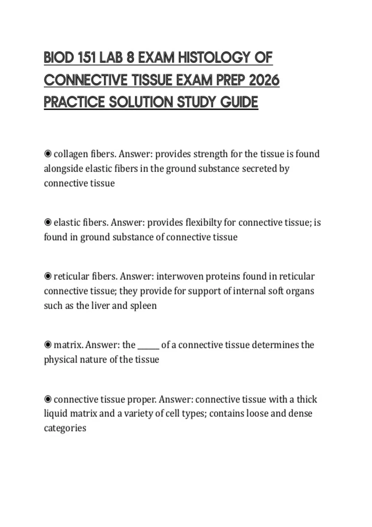 BIOD 151 LAB 8 EXAM HISTOLOGY OF CONNECTIVE TISSUE EXAM PREP 2026 ...
