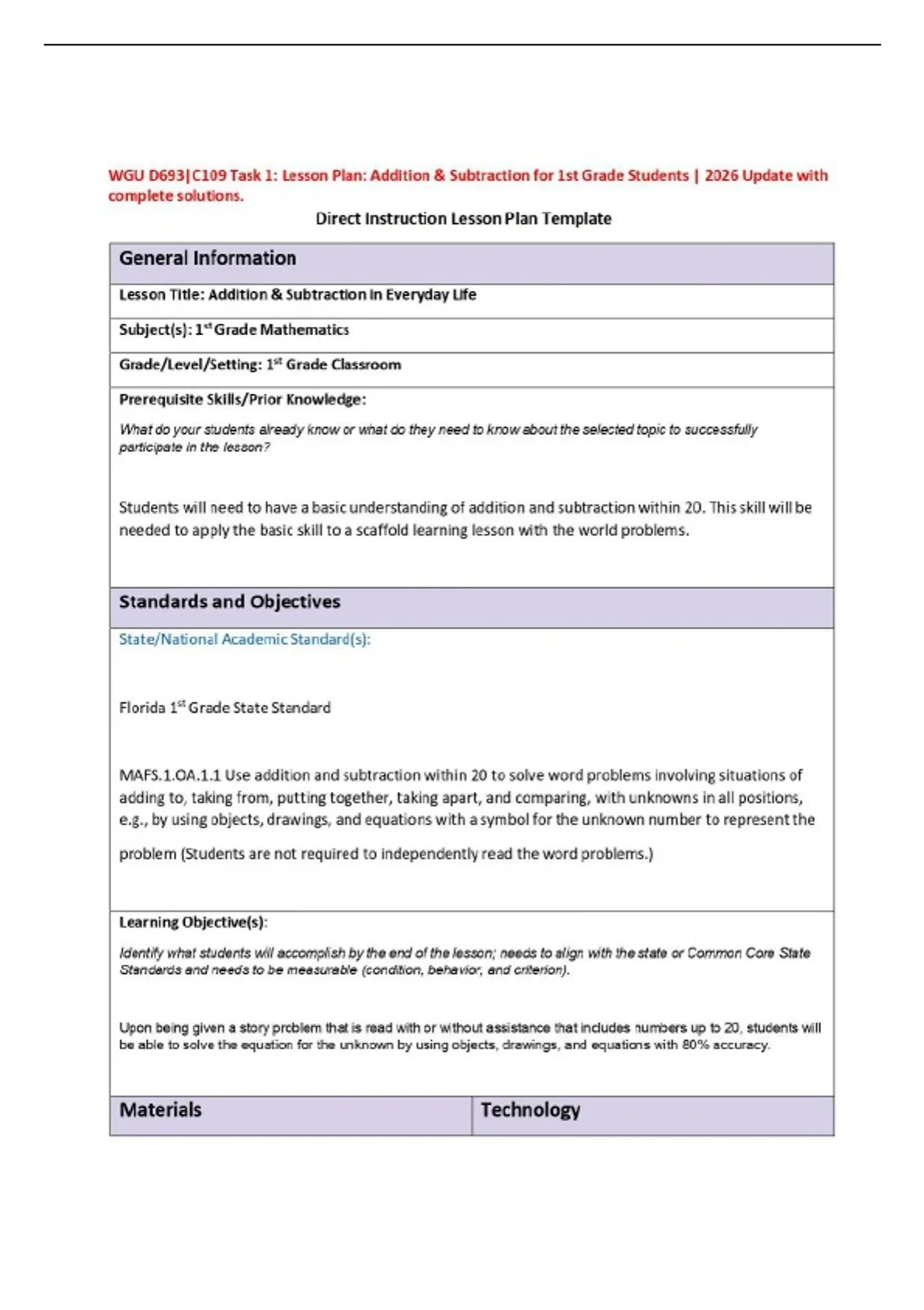 WGU D693|C109 Task 1: Lesson Plan: Addition & Subtraction for 1st Grade ...