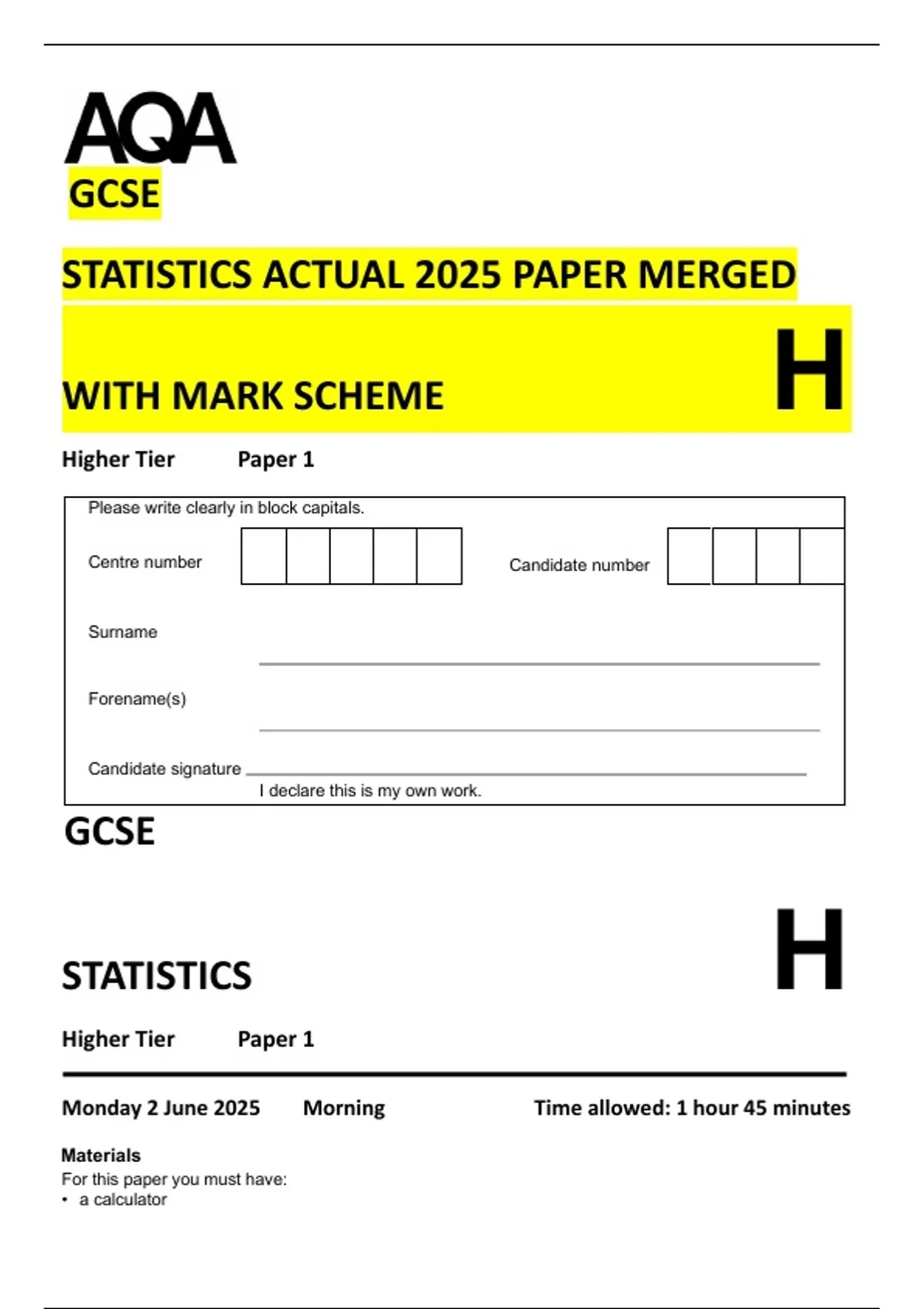 AQA GCSE Statistics Higher Tier Paper 1 (2025) – Actual Exam + Mark ...