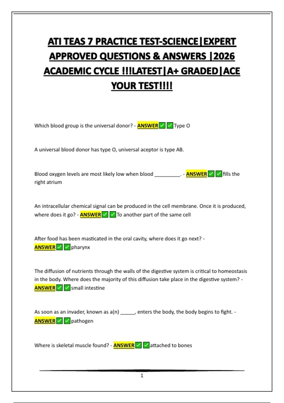 ATI TEAS 7 PRACTICE TEST-SCIENCE|EXPERT APPROVED QUESTIONS & ANSWERS ...