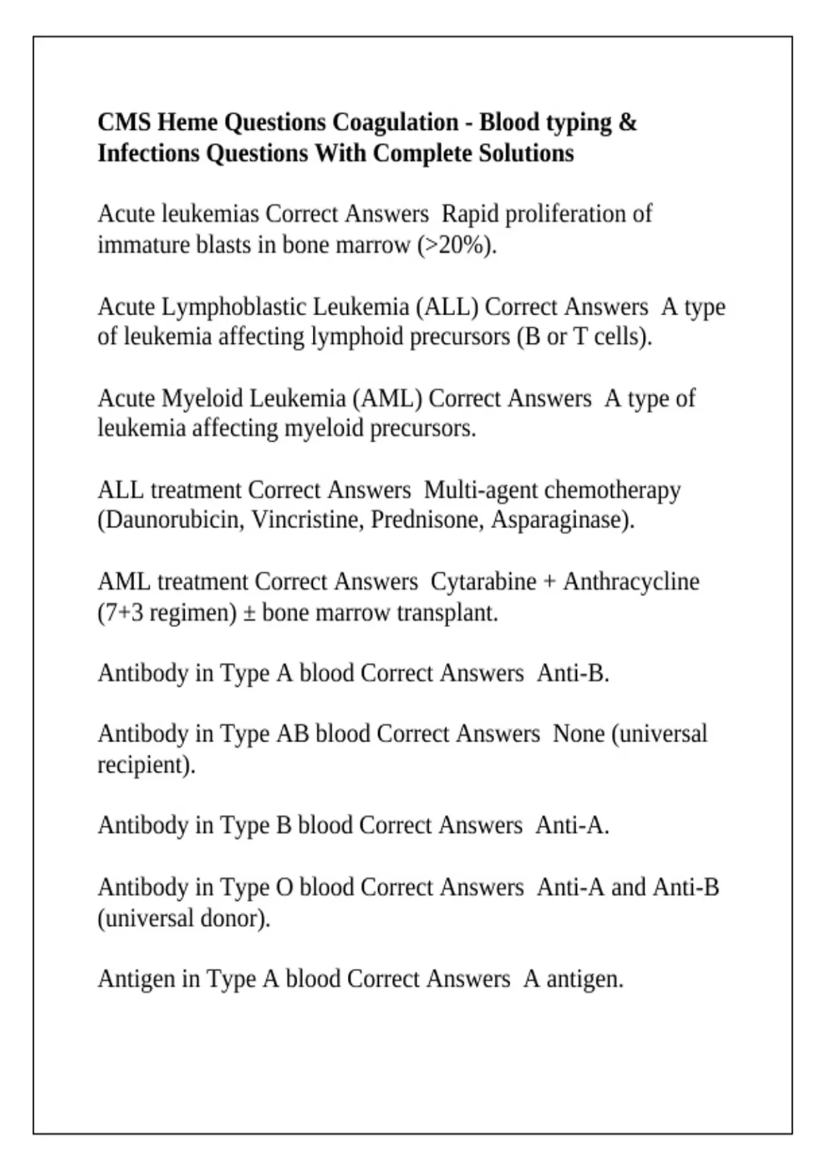 CMS Heme Questions Coagulation - Blood typing & Infections Questions ...