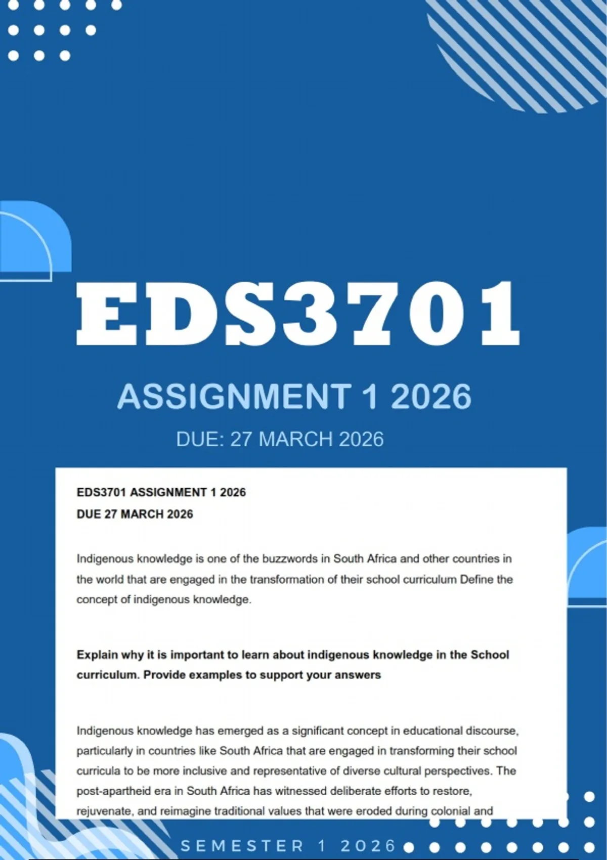 Eds3701 Assignment 1 2026 Distinction Due 27 March 2026 4414