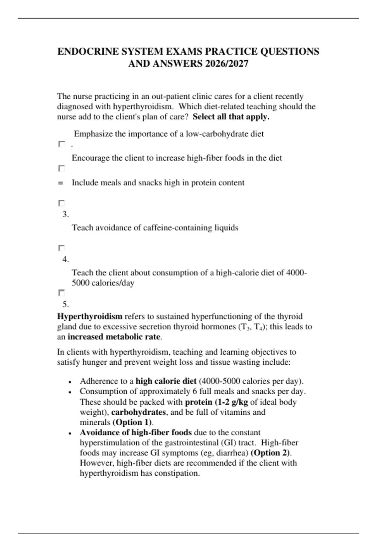 ENDOCRINE SYSTEM EXAMS PRACTICE QUESTIONS AND ANSWERS 2026/2027 - PN ...