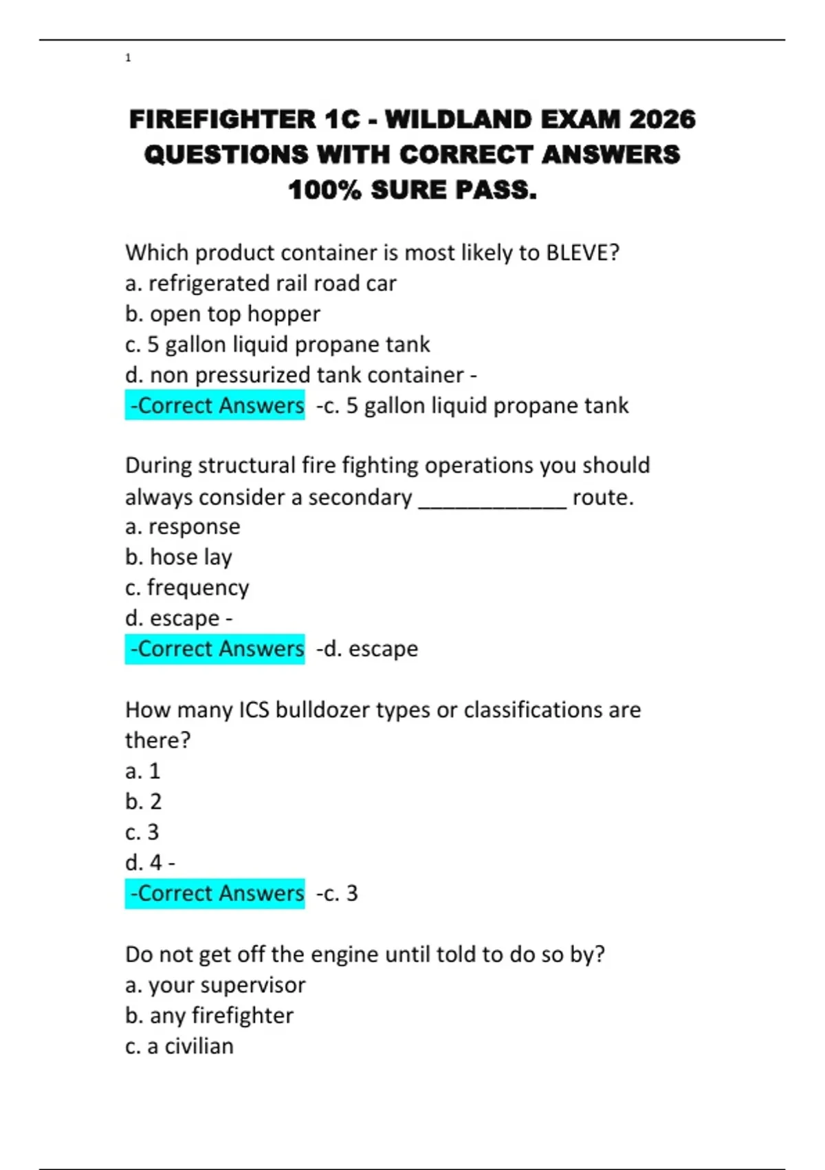 FIREFIGHTER 1C - WILDLAND EXAM 2026 QUESTIONS WITH CORRECT ANSWERS 100% ...