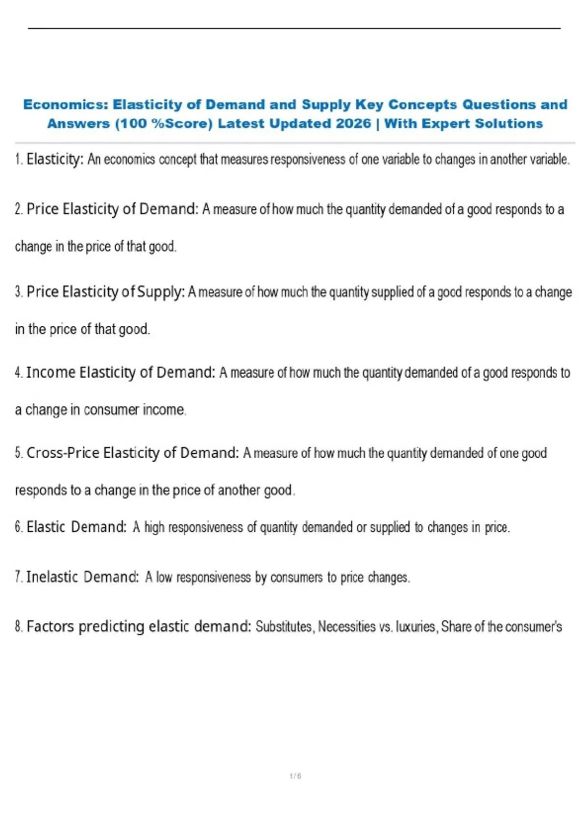 Economics: Elasticity of Demand and Supply Key Concepts Questions and ...