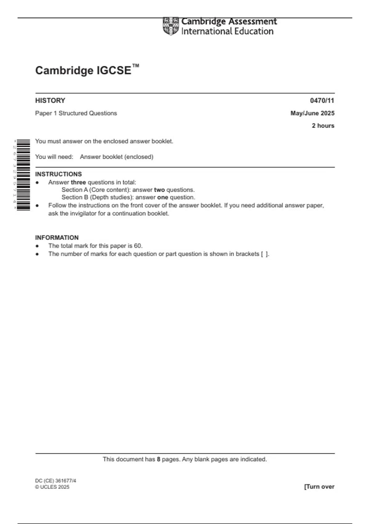 2025 Cambridge IGCSE History 0470/11 Paper 1 Structured Questions May ...