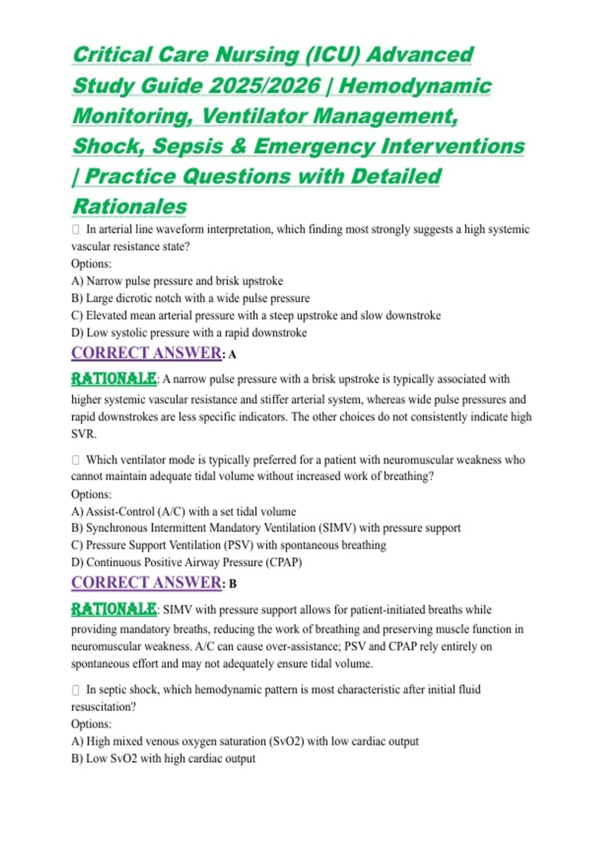 Critical Care Nursing (ICU) Advanced Study Guide 2026 | Hemodynamic ...