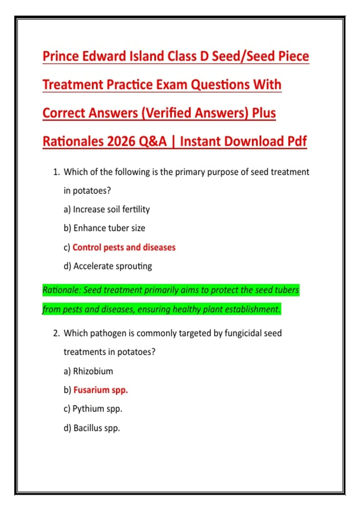 Prince Edward Island Class D Seed/Seed Piece Treatment Practice Exam ...