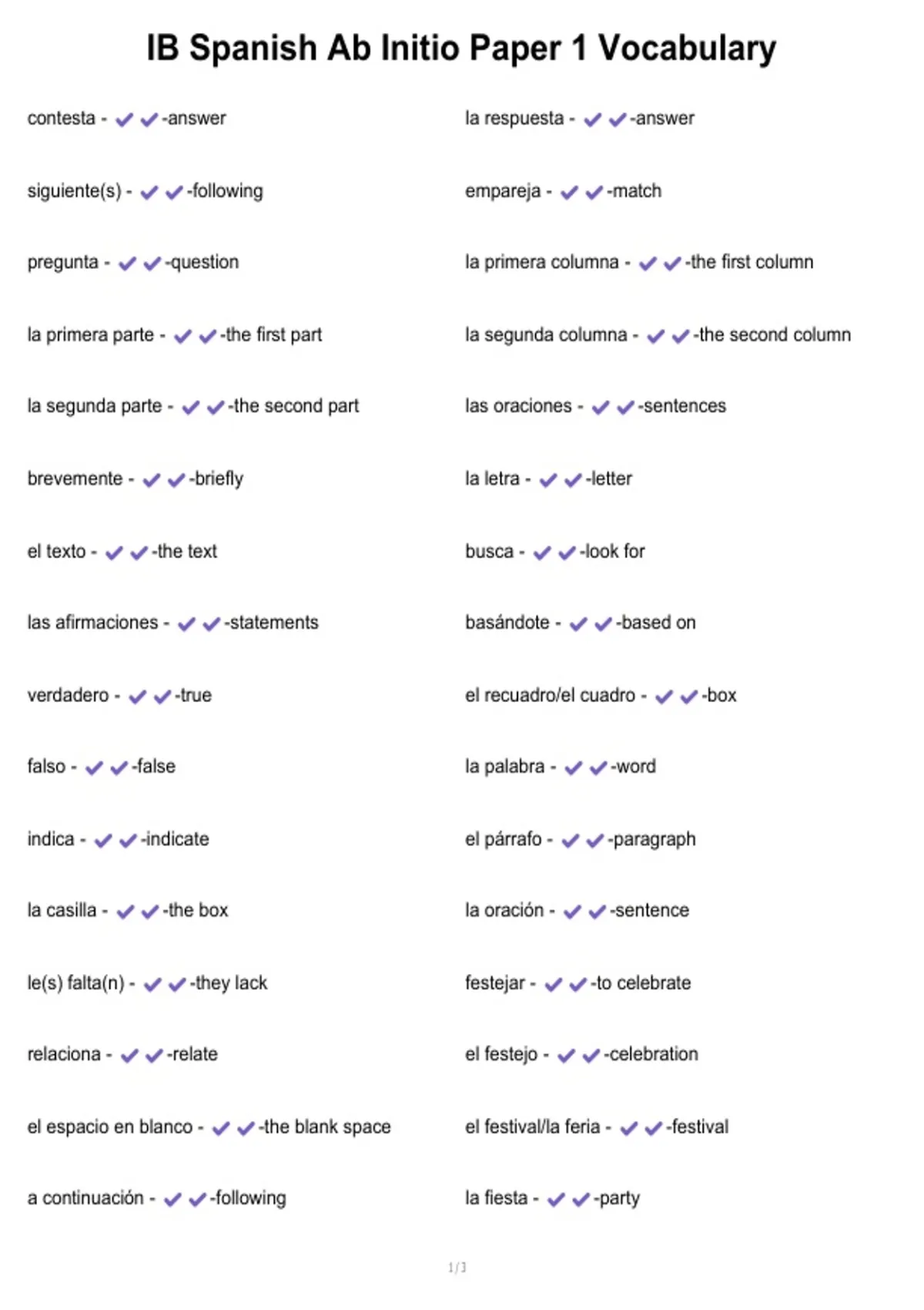 IB Spanish Ab Initio Paper 1 Vocabulary - IB Spanish Ab Initio Paper 1 ...