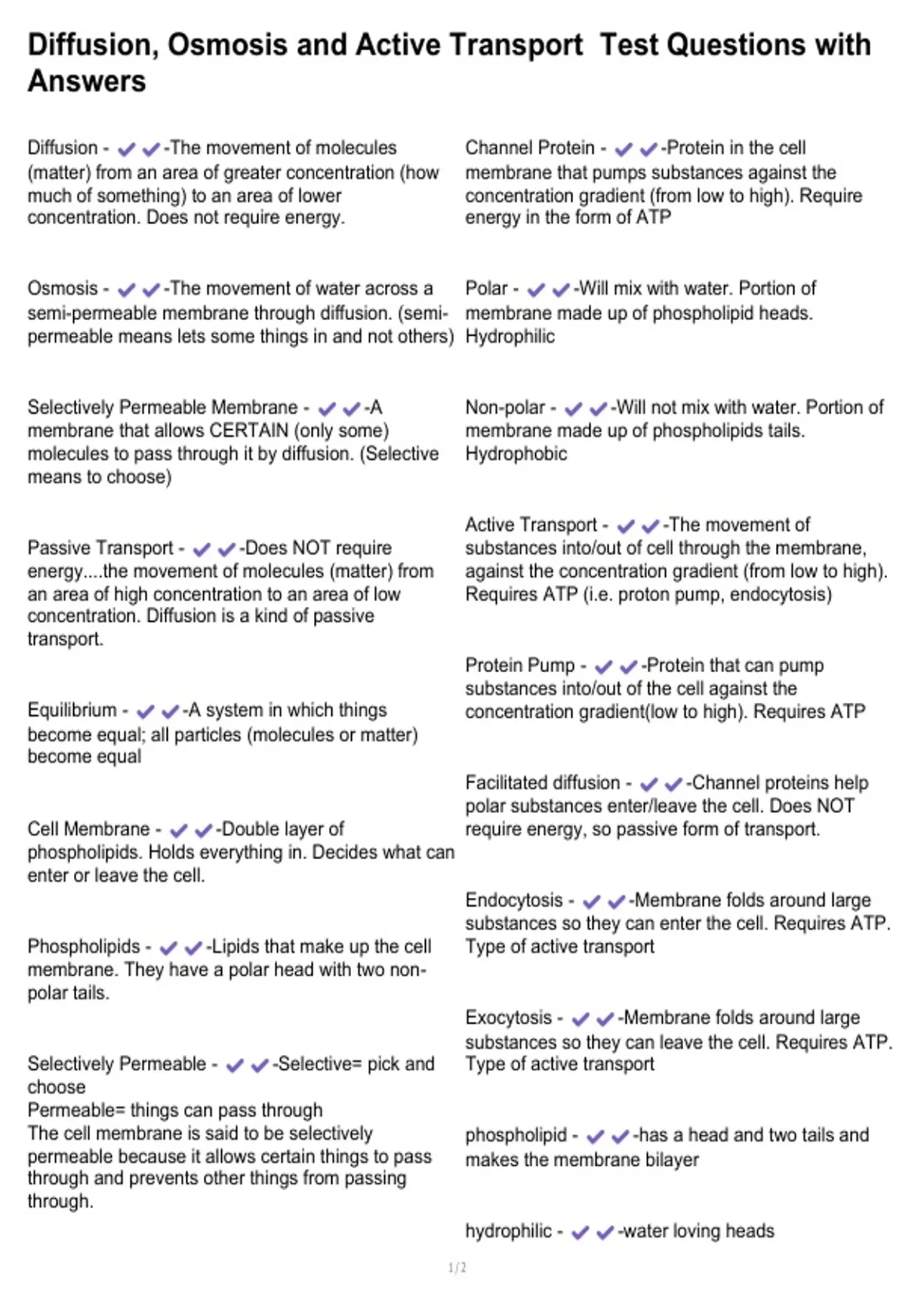 Diffusion, Osmosis and Active Transport Test Questions with Answers ...