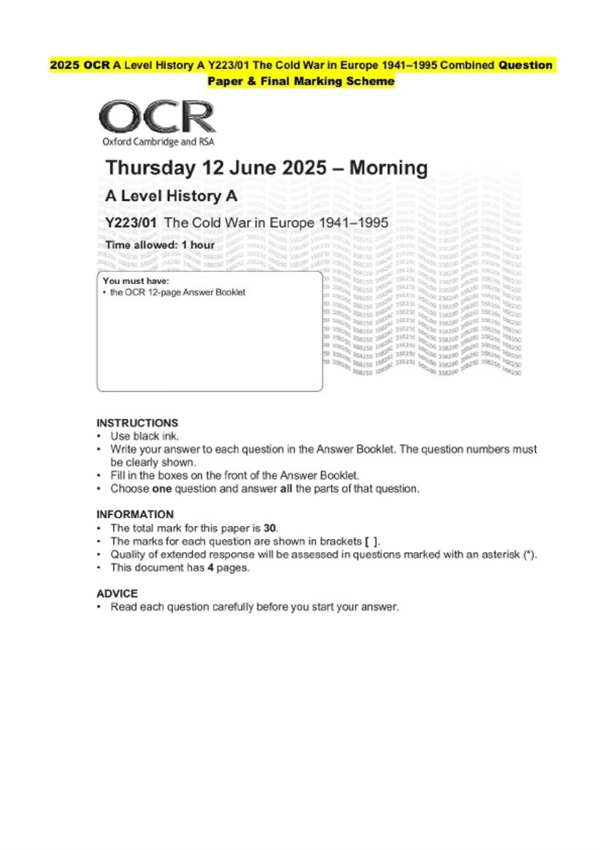 2025 OCR A Level History A Y223/01 The Cold War in Europe Comprehensive ...