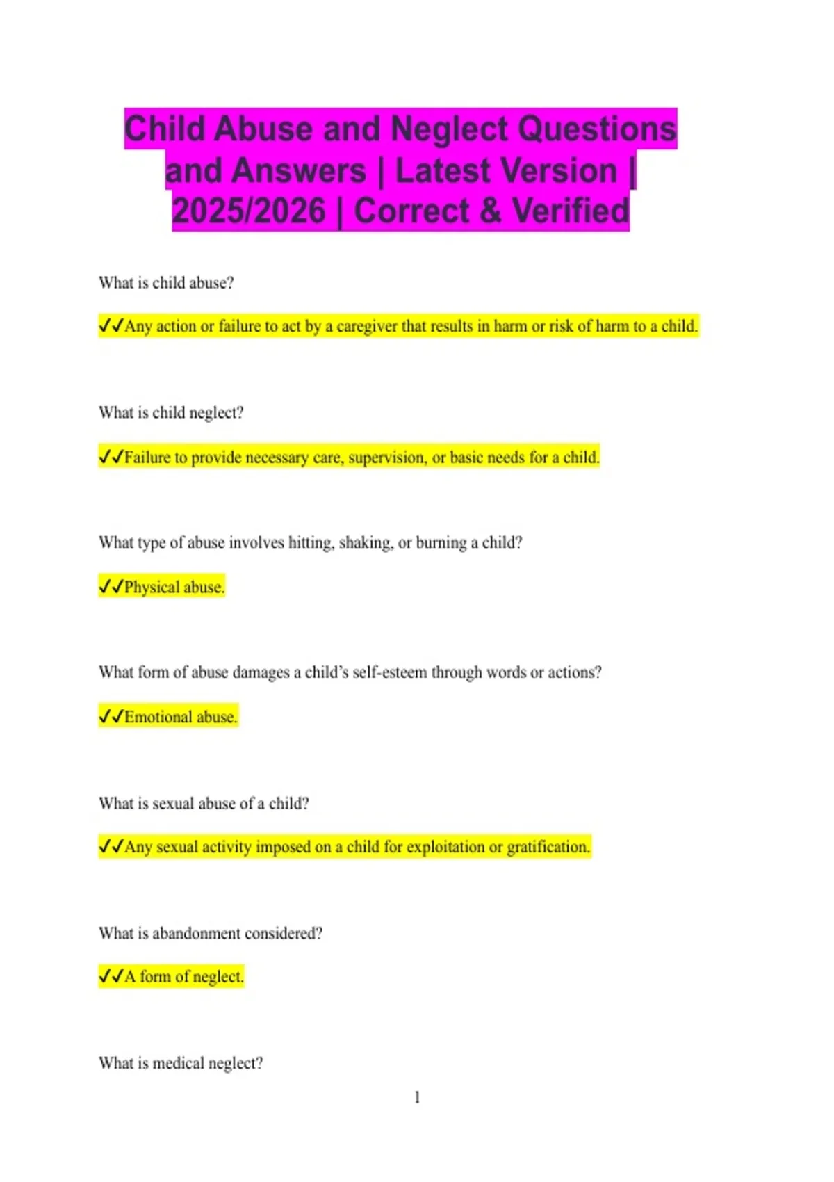 Child Abuse and Neglect Questions and Answers | Latest Version | 2025/ ...