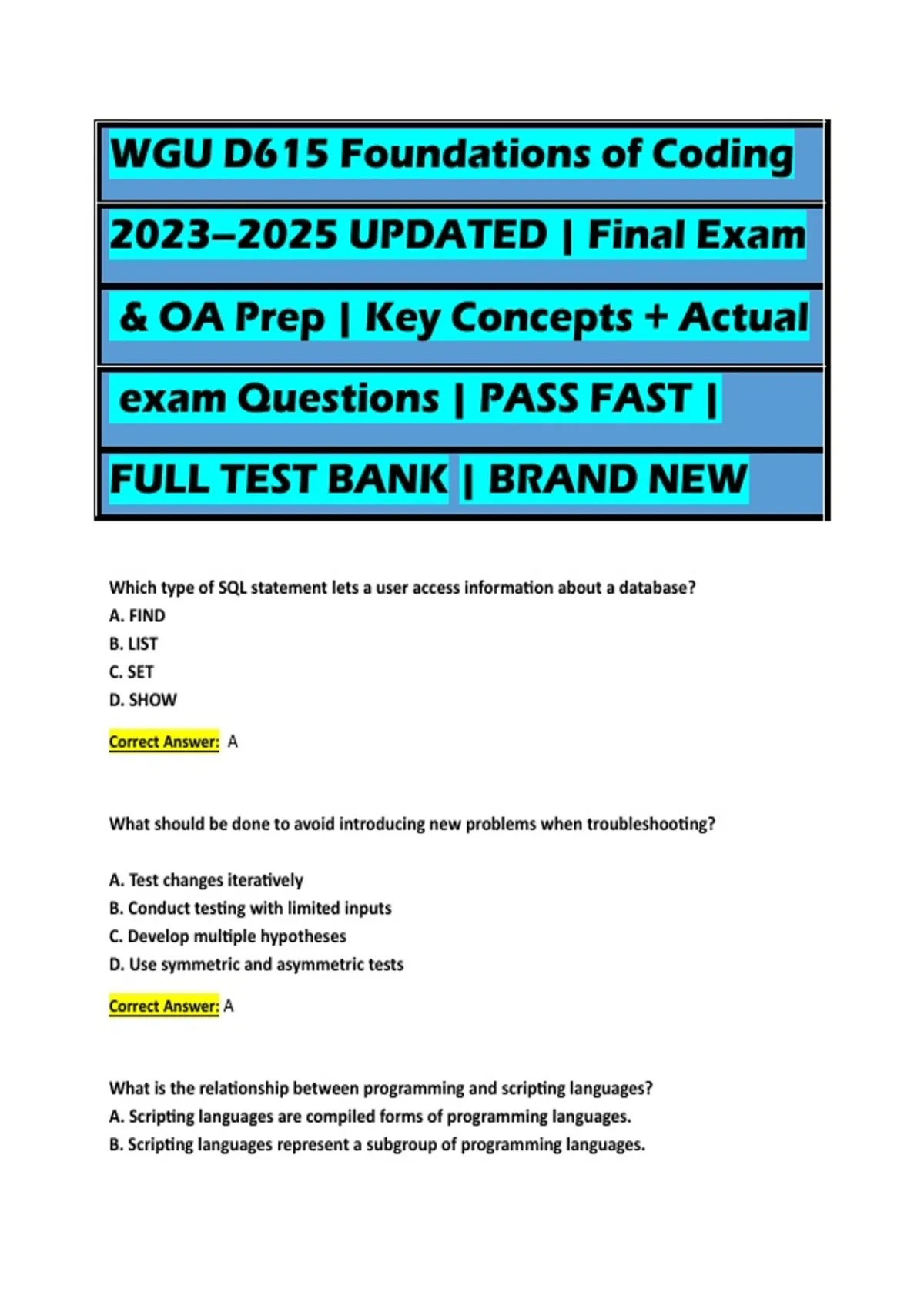 WGU D615 Foundations of Coding 2023–2025 UPDATED | Final Exam & OA Prep ...