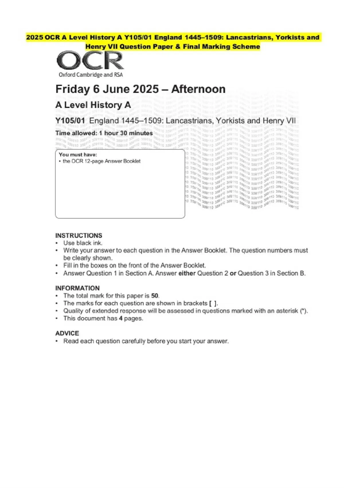 2025 OCR A Level History A Y105/01 England : Lancastrians, Yorkists and ...