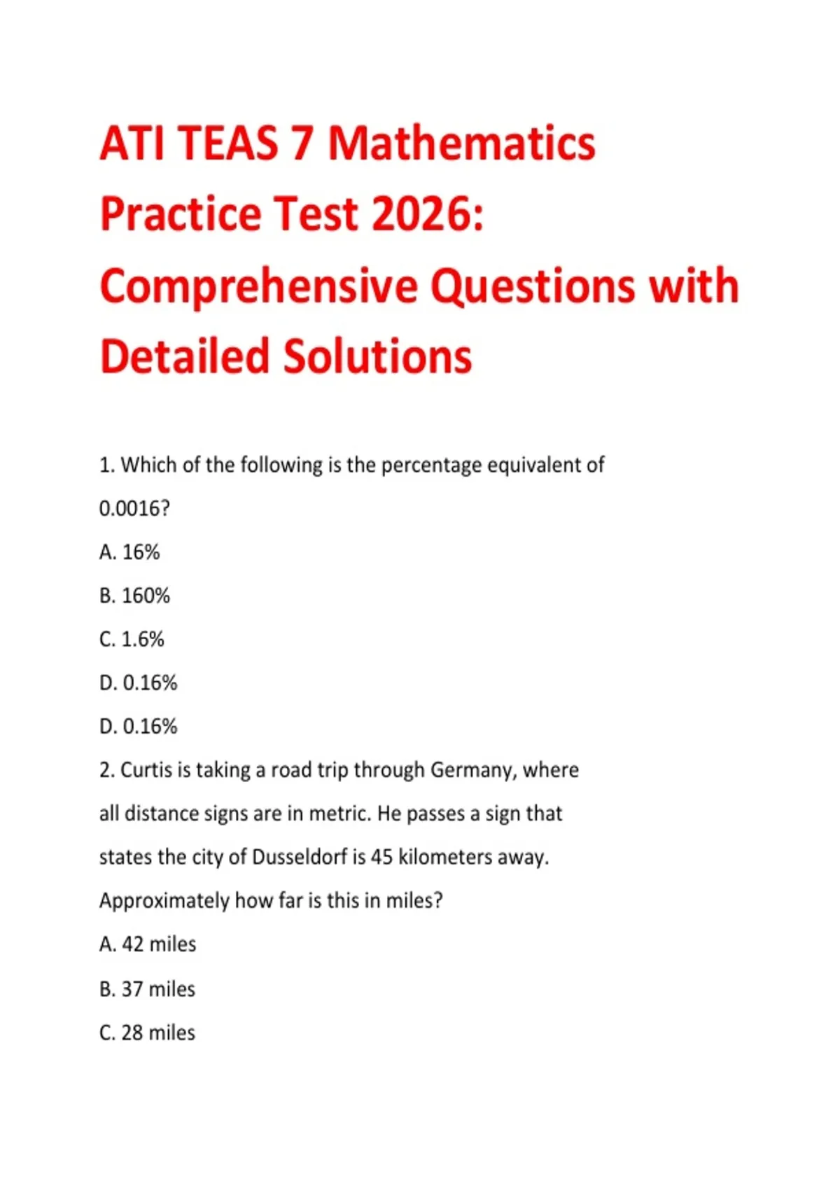 ATI TEAS 7 Mathematics Practice Test 2026: Comprehensive Questions with ...